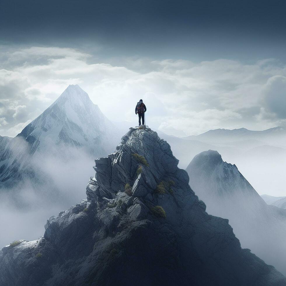 A person conquering a mountain peak symbolizing overcoming AI Generated ... A person conquering a mountain peak symbolizing overcoming AI Generated ...