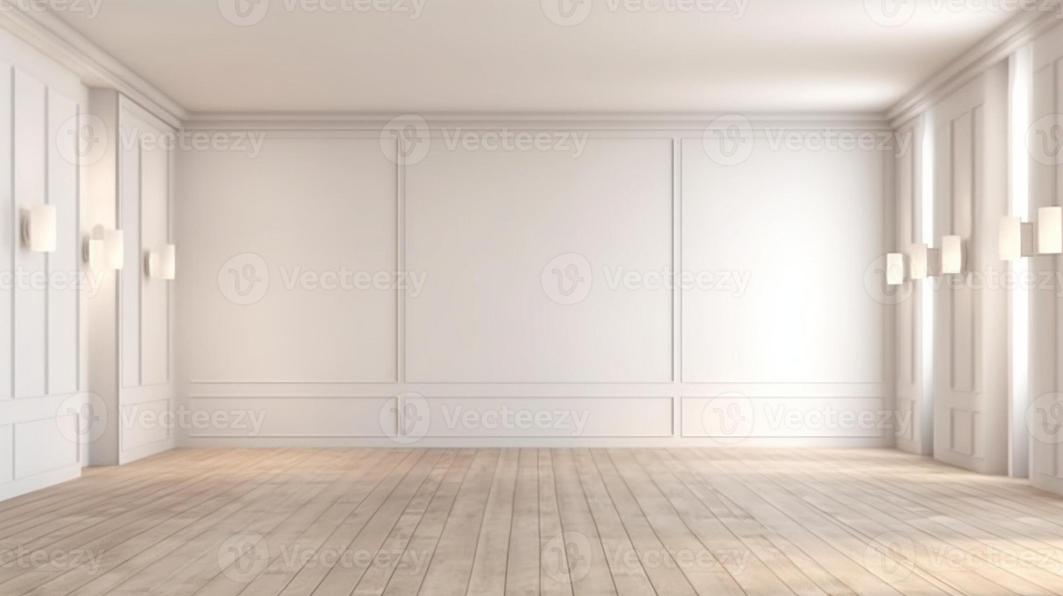 AI Generative old empty room with wooden floor and white grunge wall ...