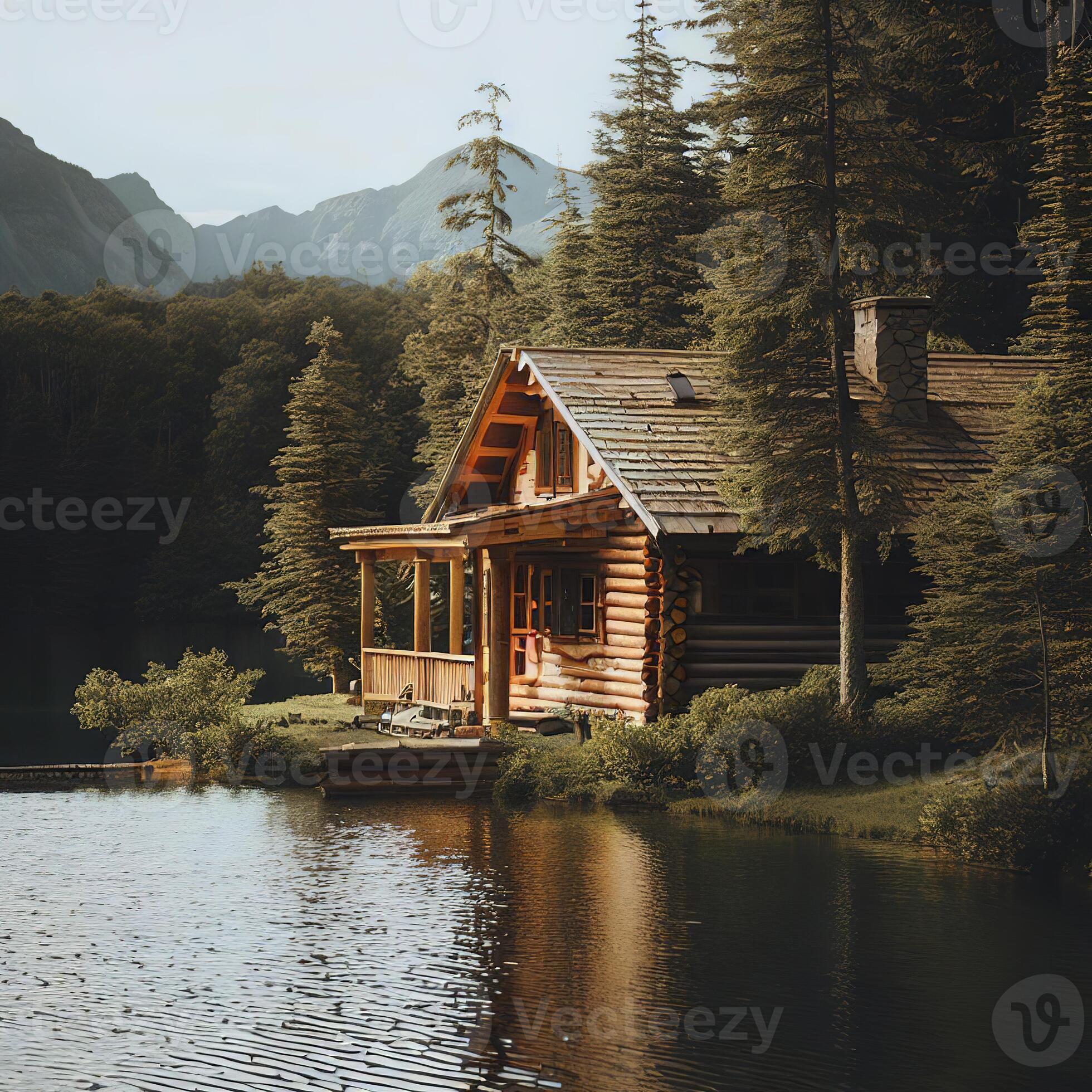 Wood cabin on the lake - log cabin surrounded by trees, mountains, and ...
