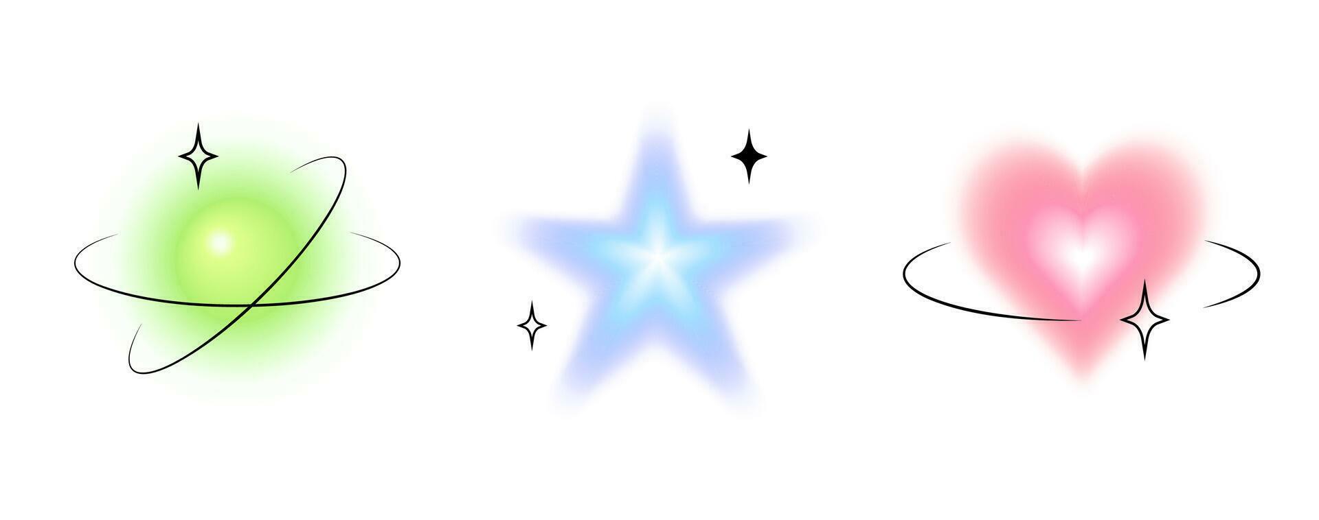 Three glowing vector blurred shapes in y2k aesthetics design, retro geometric elements in black ...