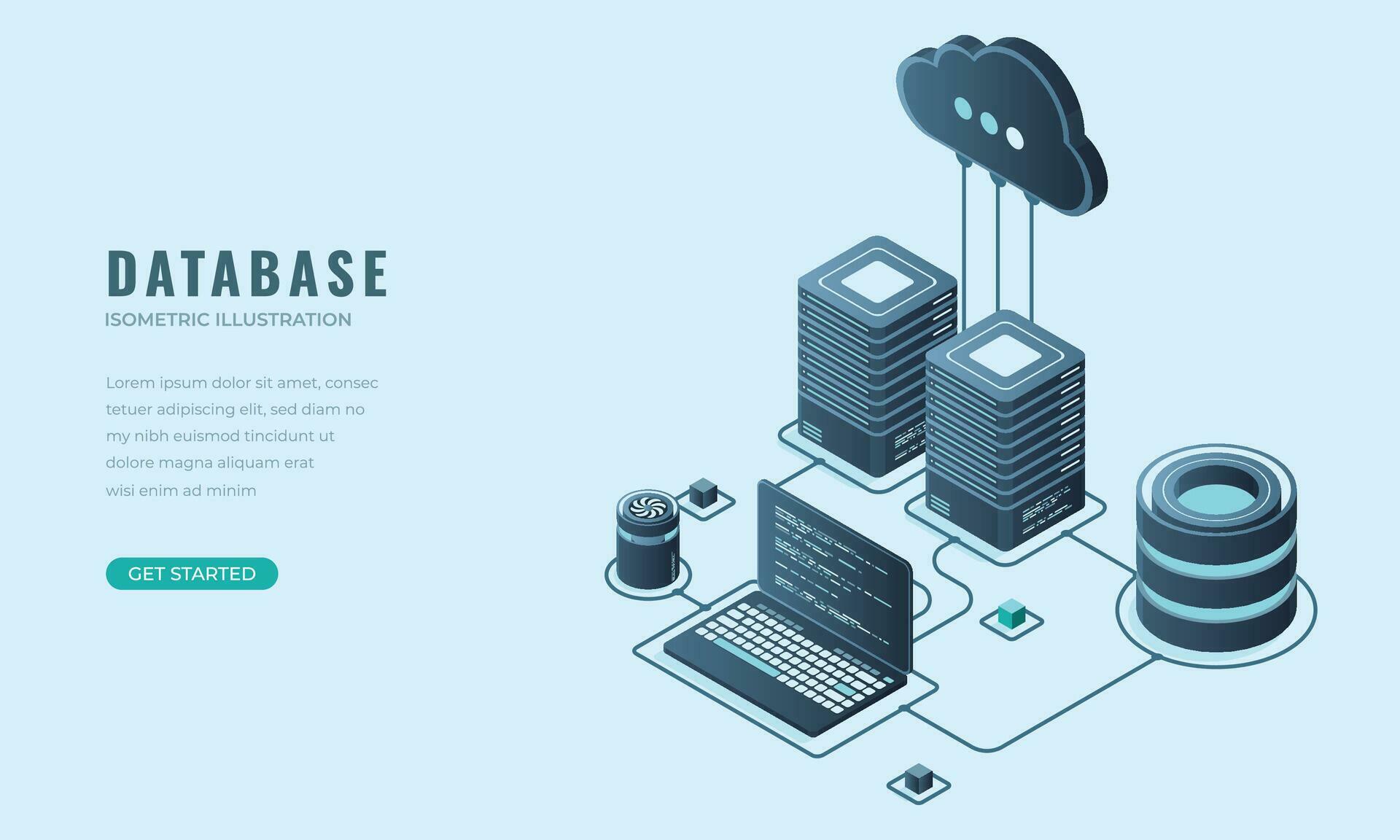 Database connection landing page concept. Server room isometric icon ...