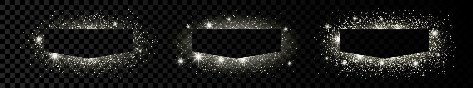 Set of three silver frames with glitter, sparkles and flares on dark background. Empty luxury ...