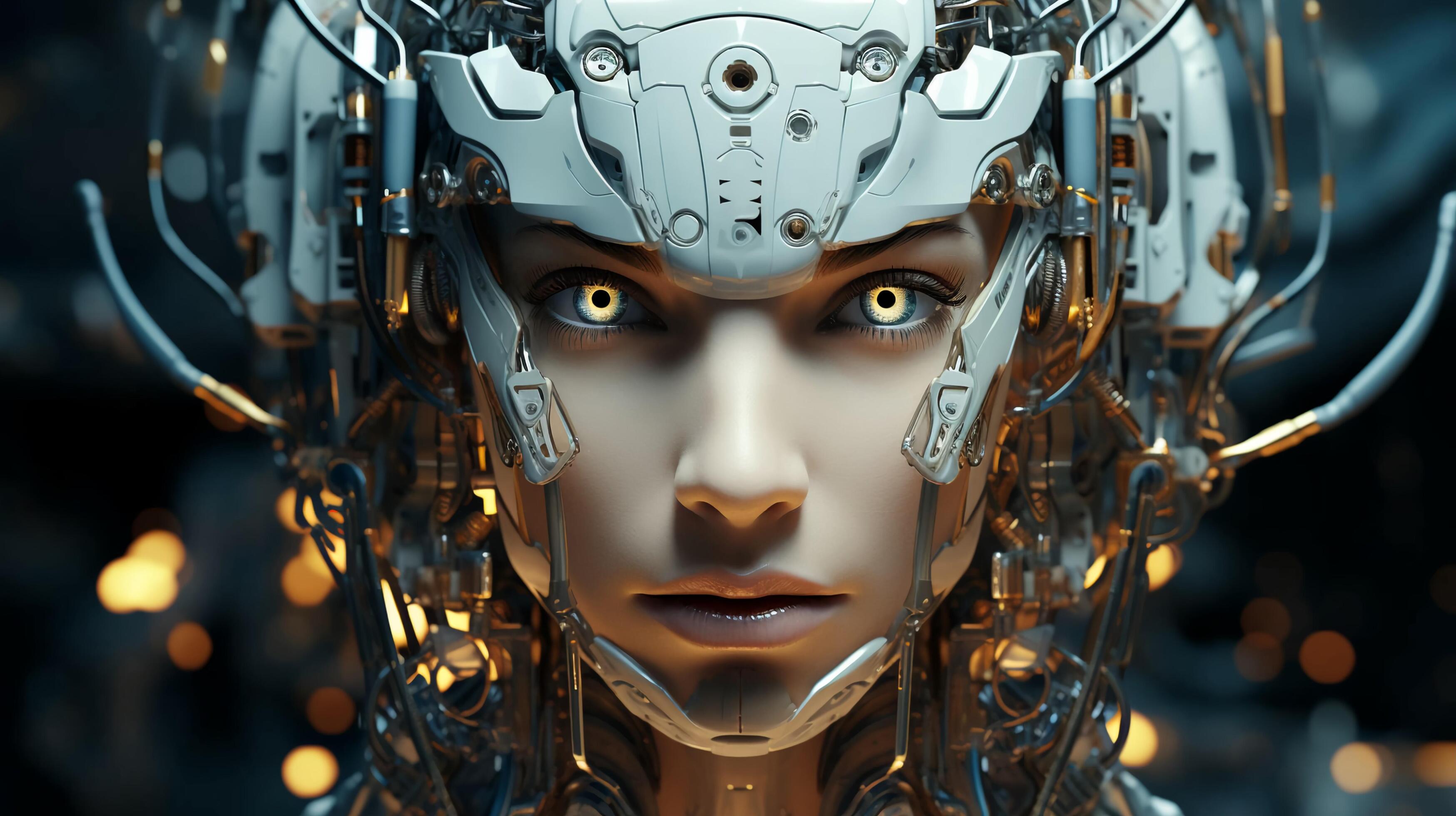 Connection of human woman and artificial intelligence robot. The concept of merging a person and ...