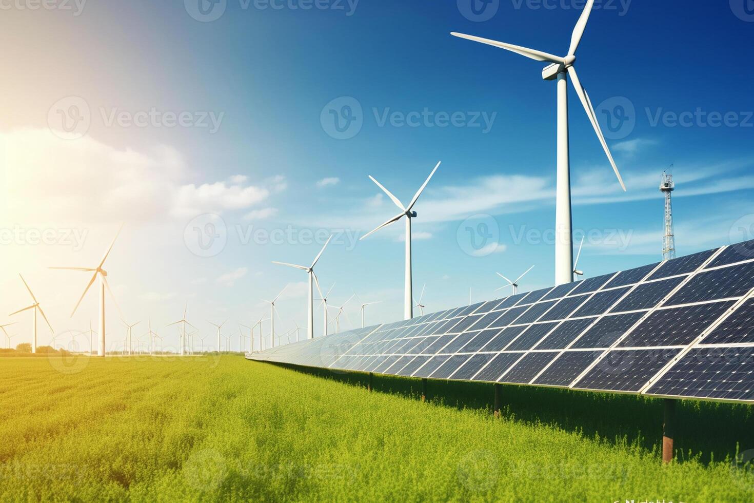 solar energy panels and wind turbines at sunset, alternative energy ...