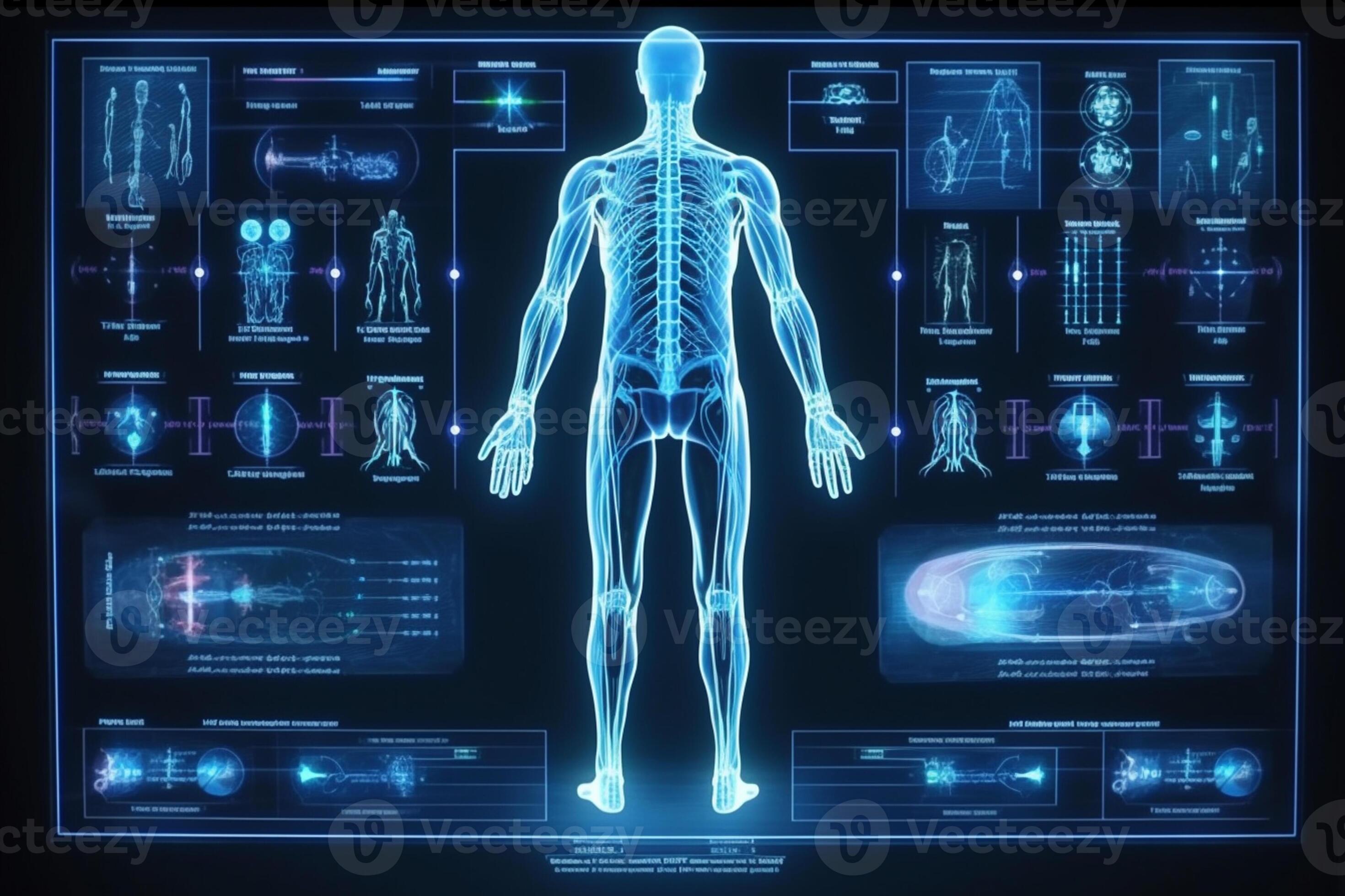 Digital x ray image of human body against blue background with vignette ...