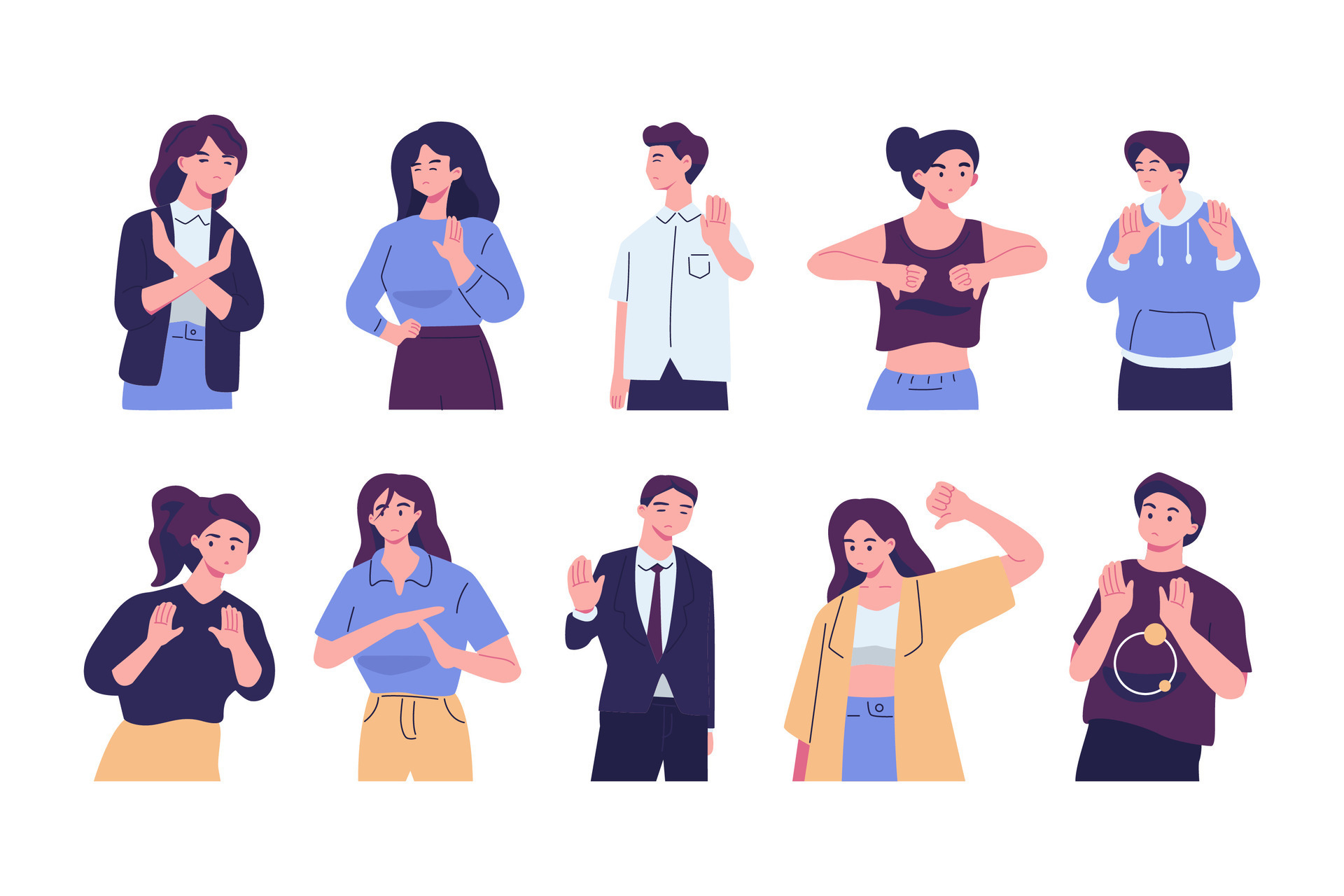 Negative gestures flat vector illustrations set. Finger language, non ... Negative gestures flat vector illustrations set. Finger language, non ...