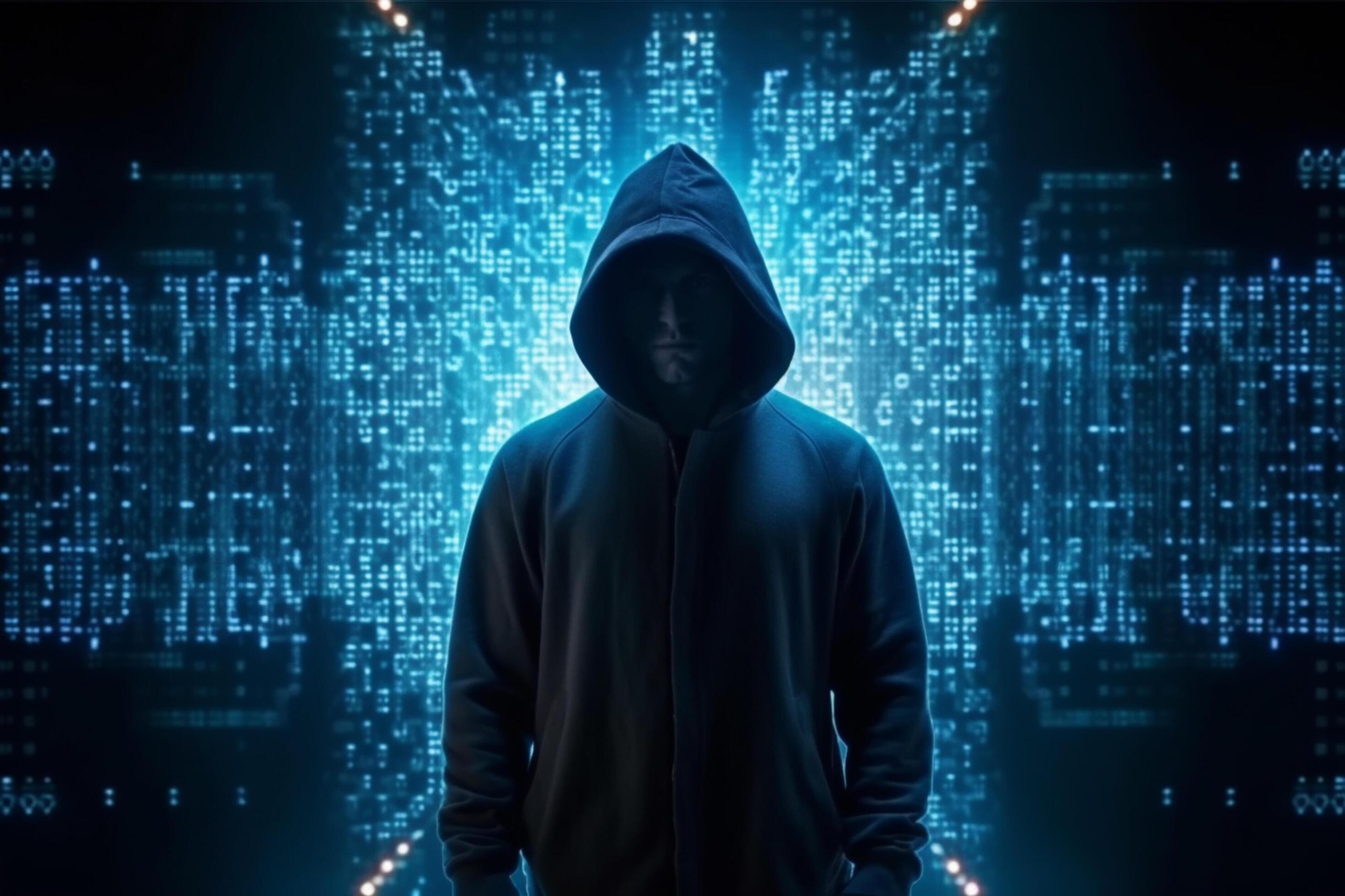 Hooded Hacker In Front Of Binary Code Background Hacking Concept Ai