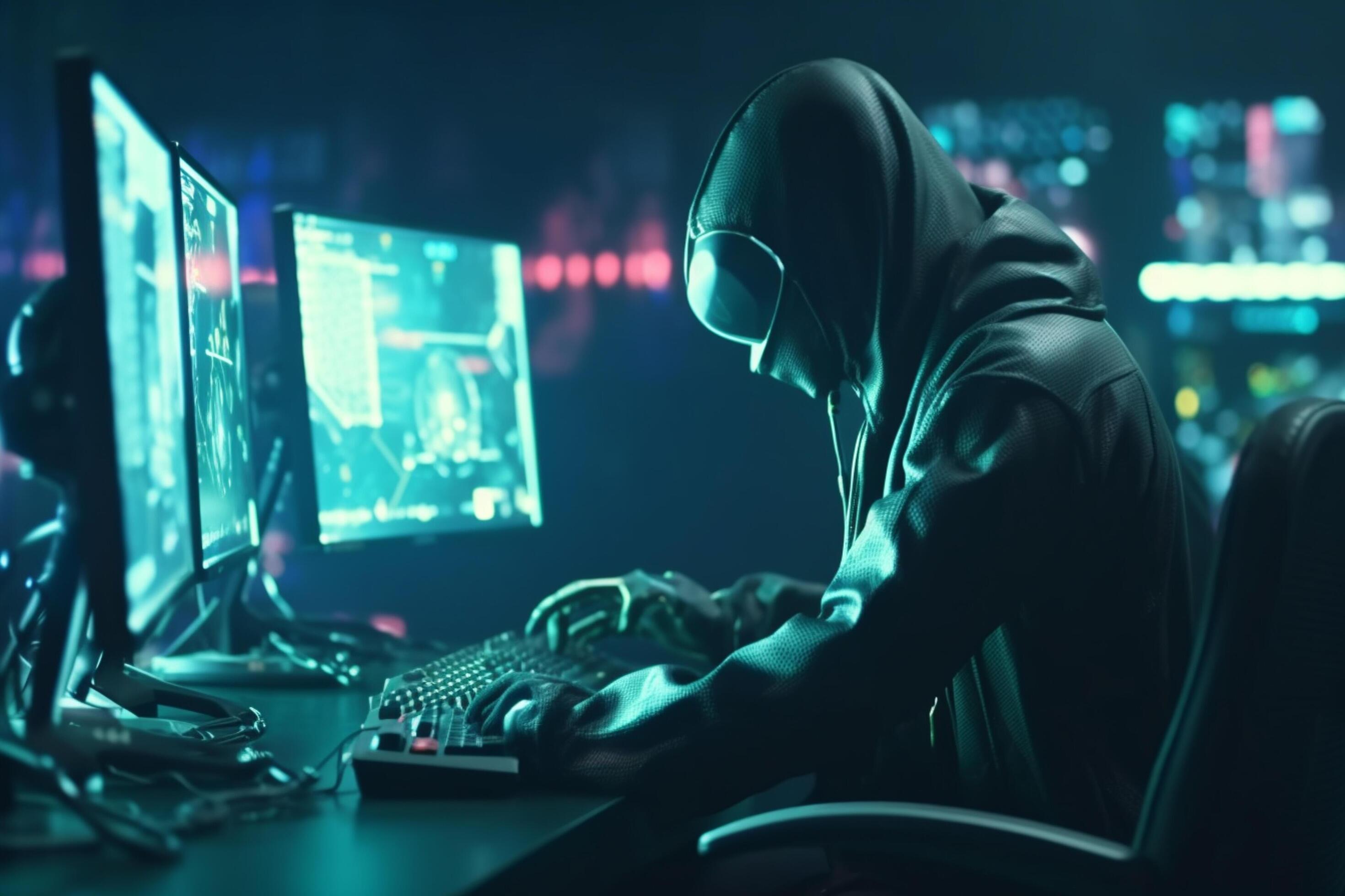 Hacker In A Hood On A Dark Background Hacking A Computer System