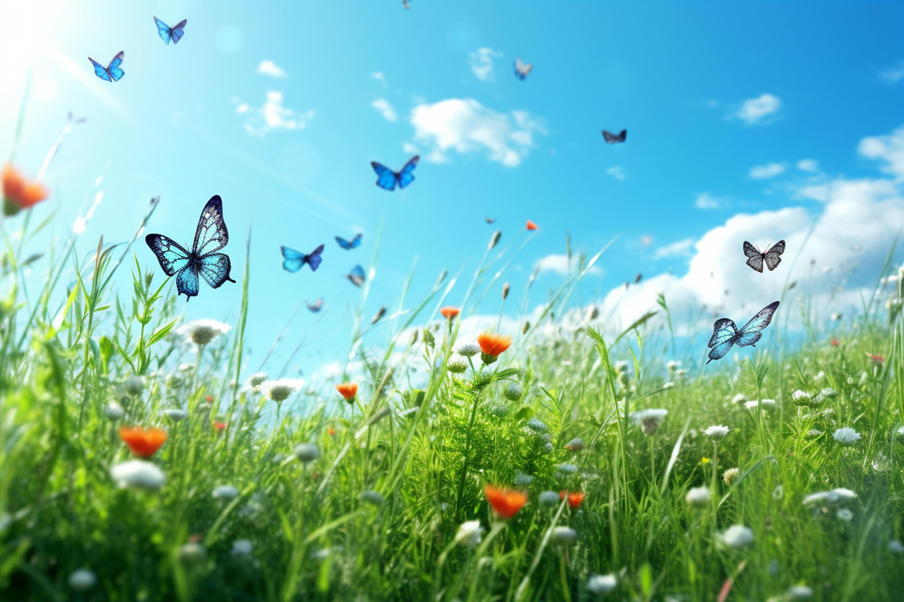 Spring meadow with flowers and butterflies. Nature background. 3d ...