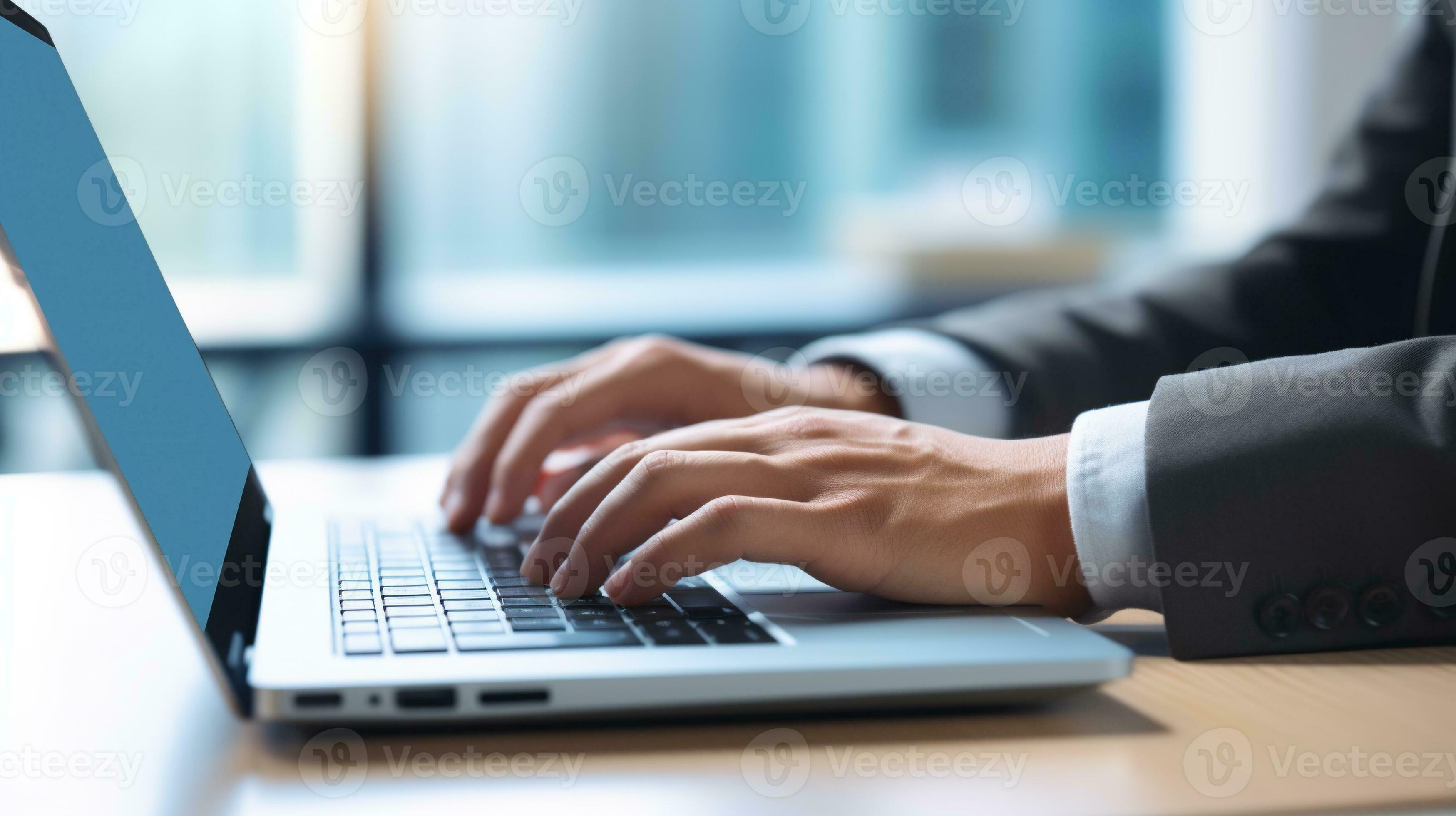 Generative AI, Typing on keyboard closeup, shot hands using laptop ...