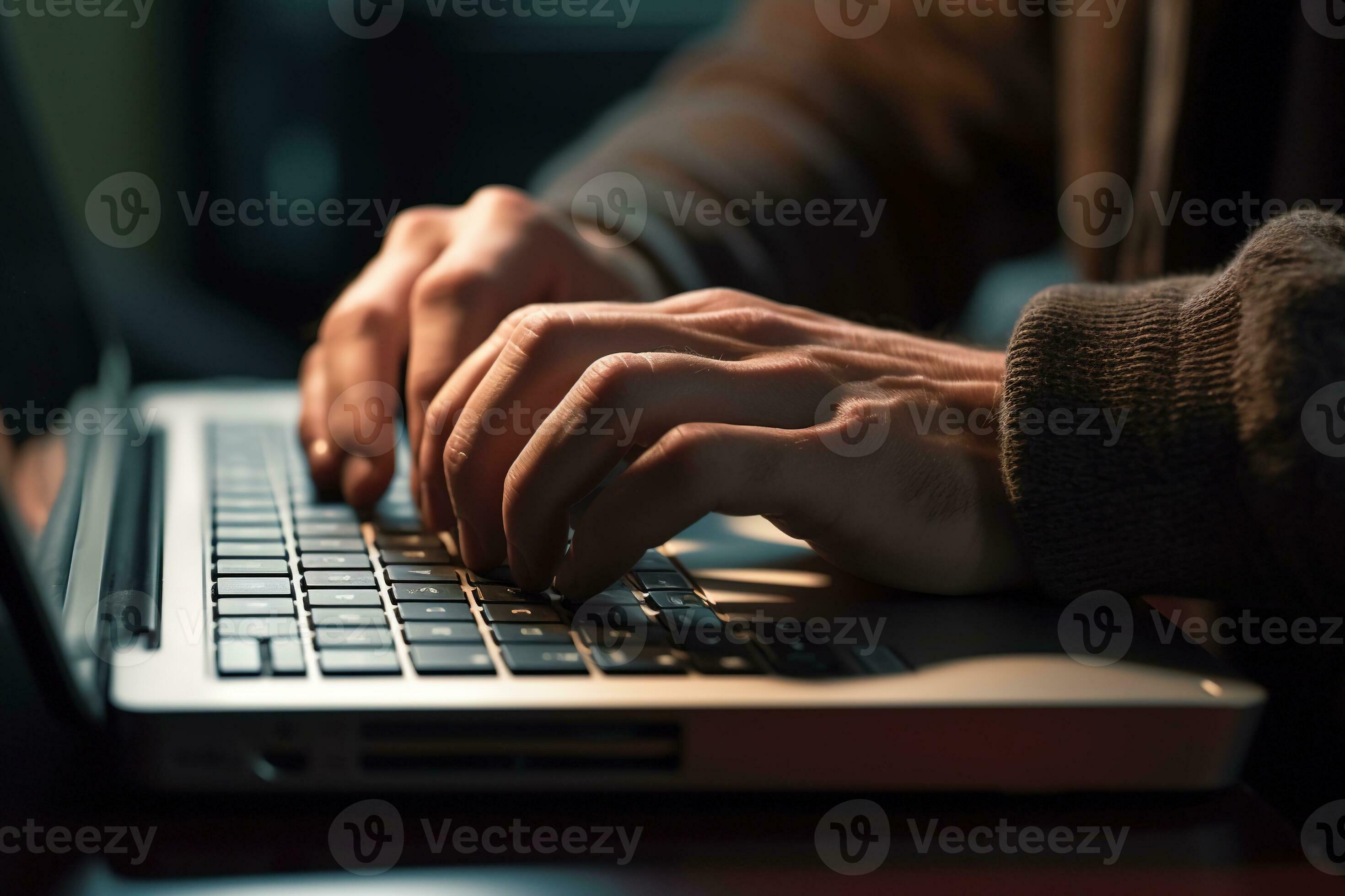 Generative AI, Typing on keyboard closeup, shot hands using laptop ...