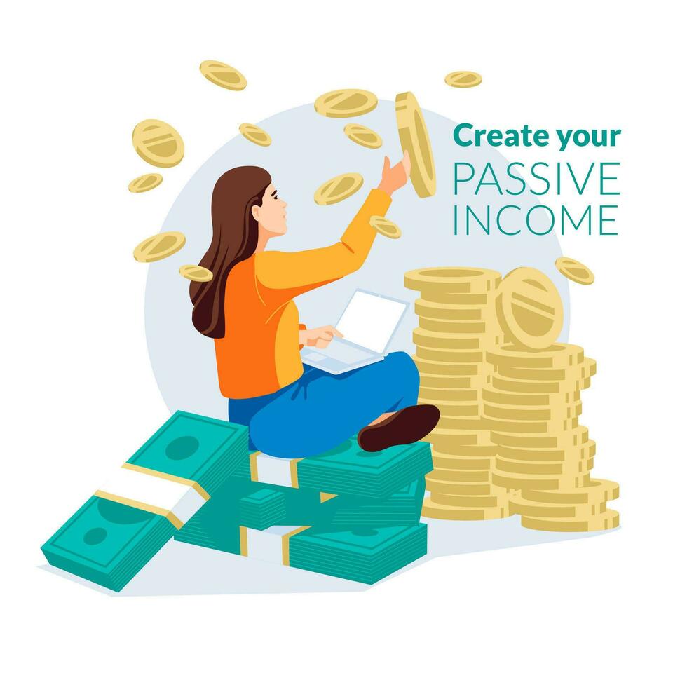 Passive Income Concept Financial Independence And Increase Income Woman With Laptop And Money