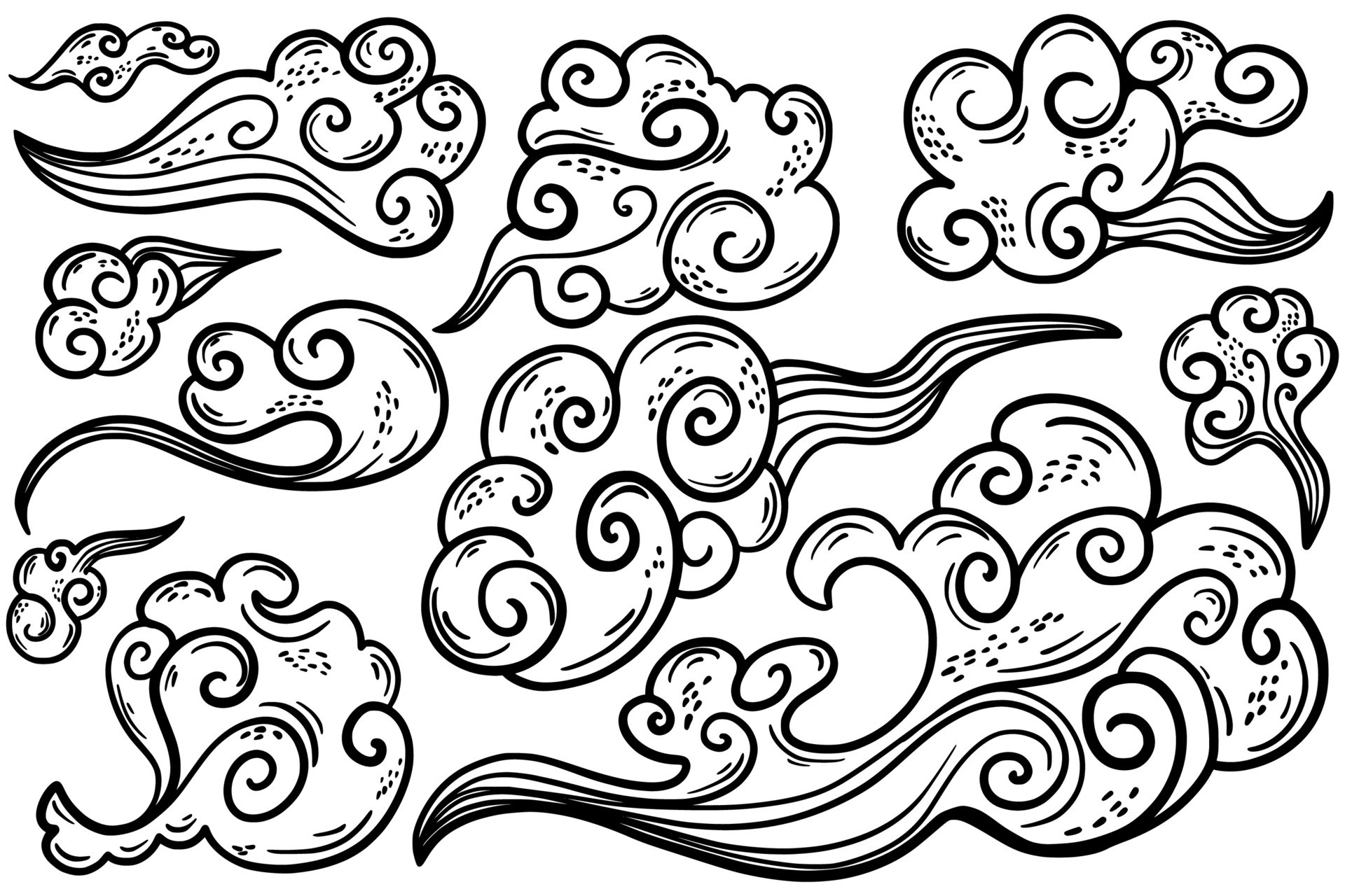 Clouds. Set of clouds. Wind. Sketch. Hand drawing. Isolated on a white ...