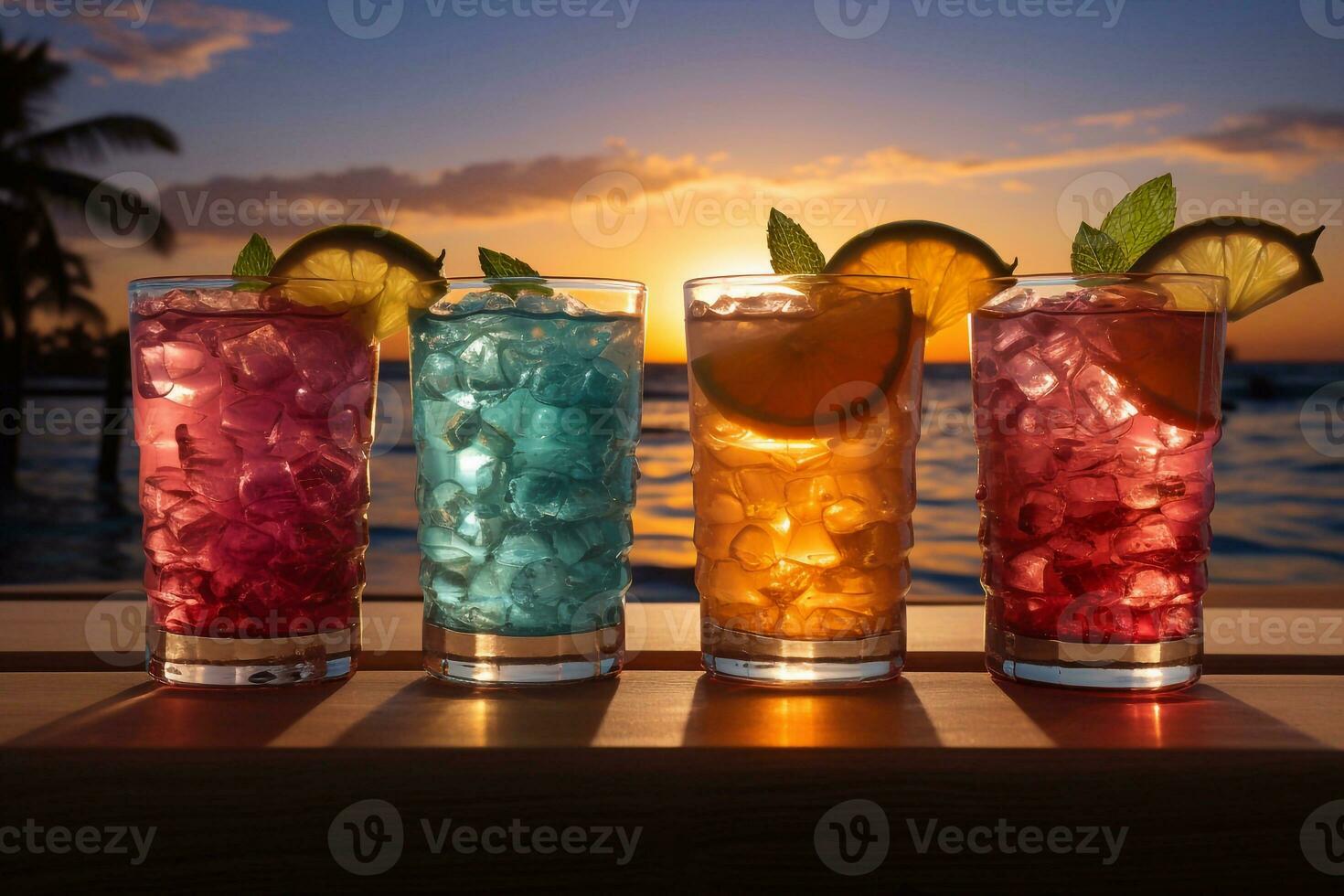 A Photo Of Cocktails On The Beach At Sunset Cocktails In A Glass Generative Ai 28896717 Stock