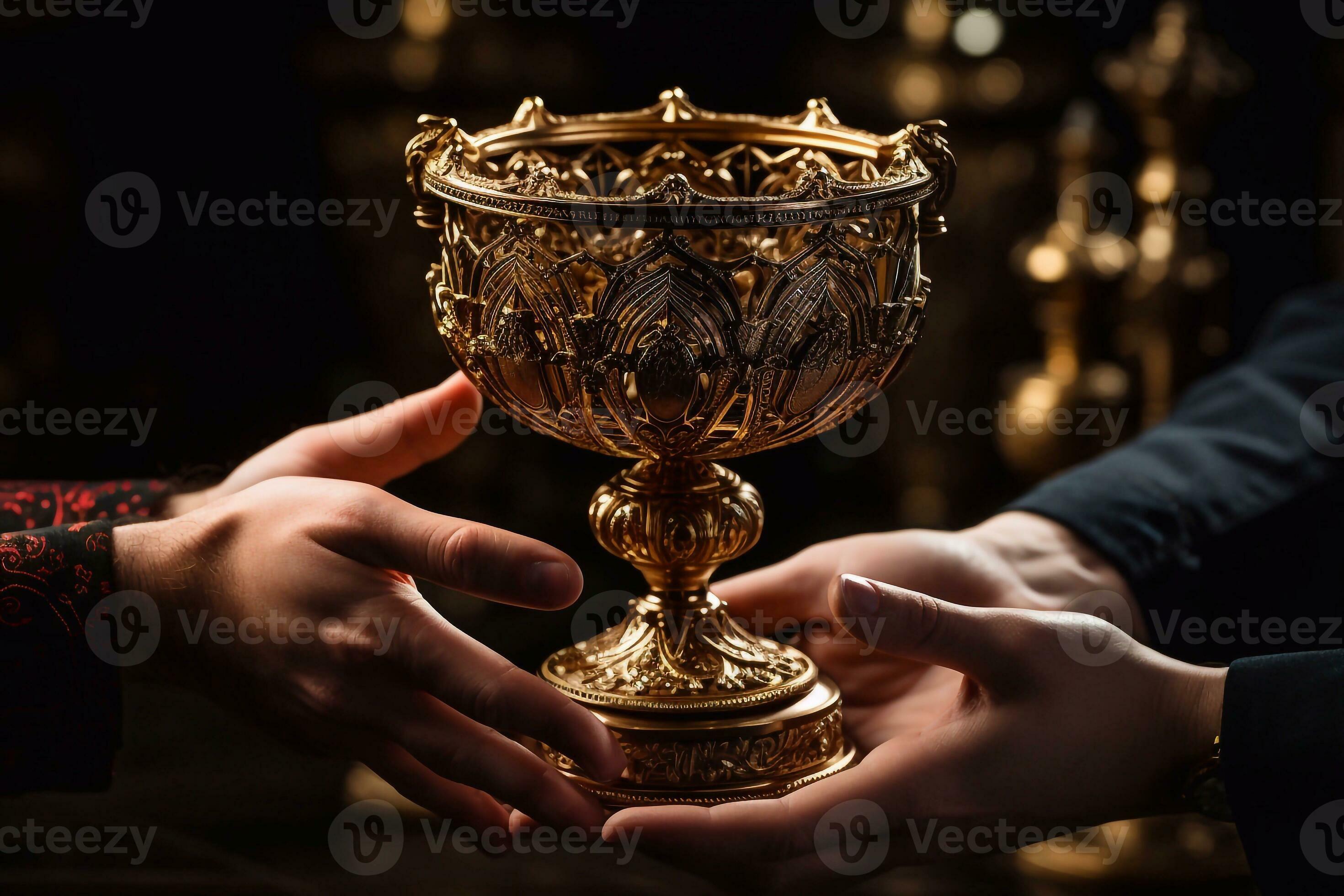 Closeup image of man and woman hands holding golden chalice Generative AI 28896818 Stock Photo ...