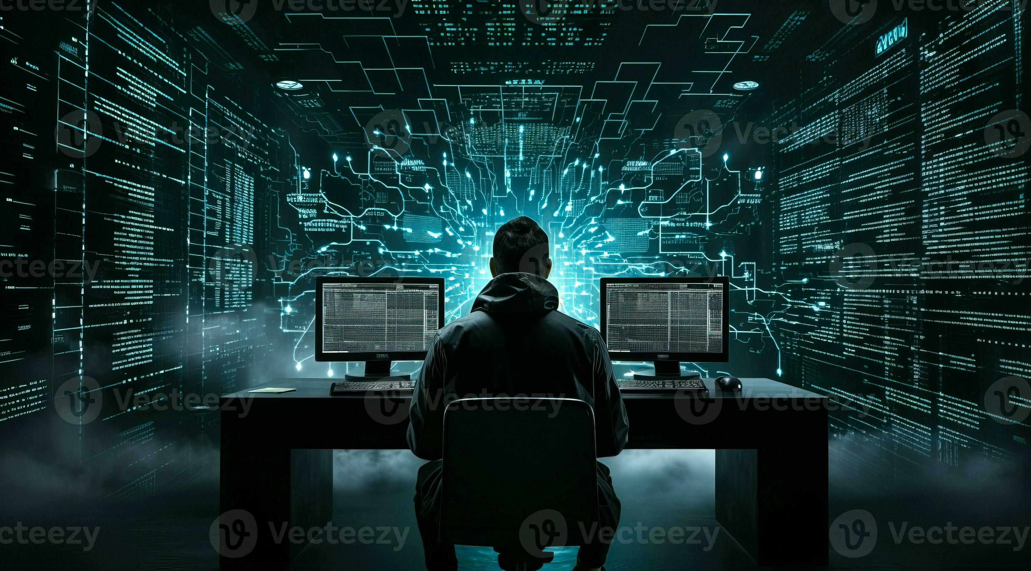 A hacker is sitting in front of a laptop background matrix style ...