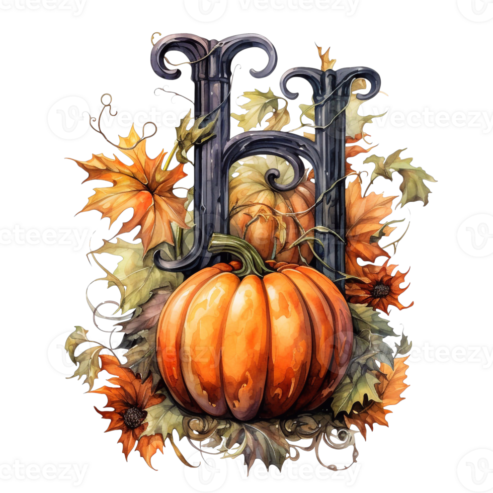 Watercolor alphabet. Autumn Halloween letter H with pumpkins and fall ...