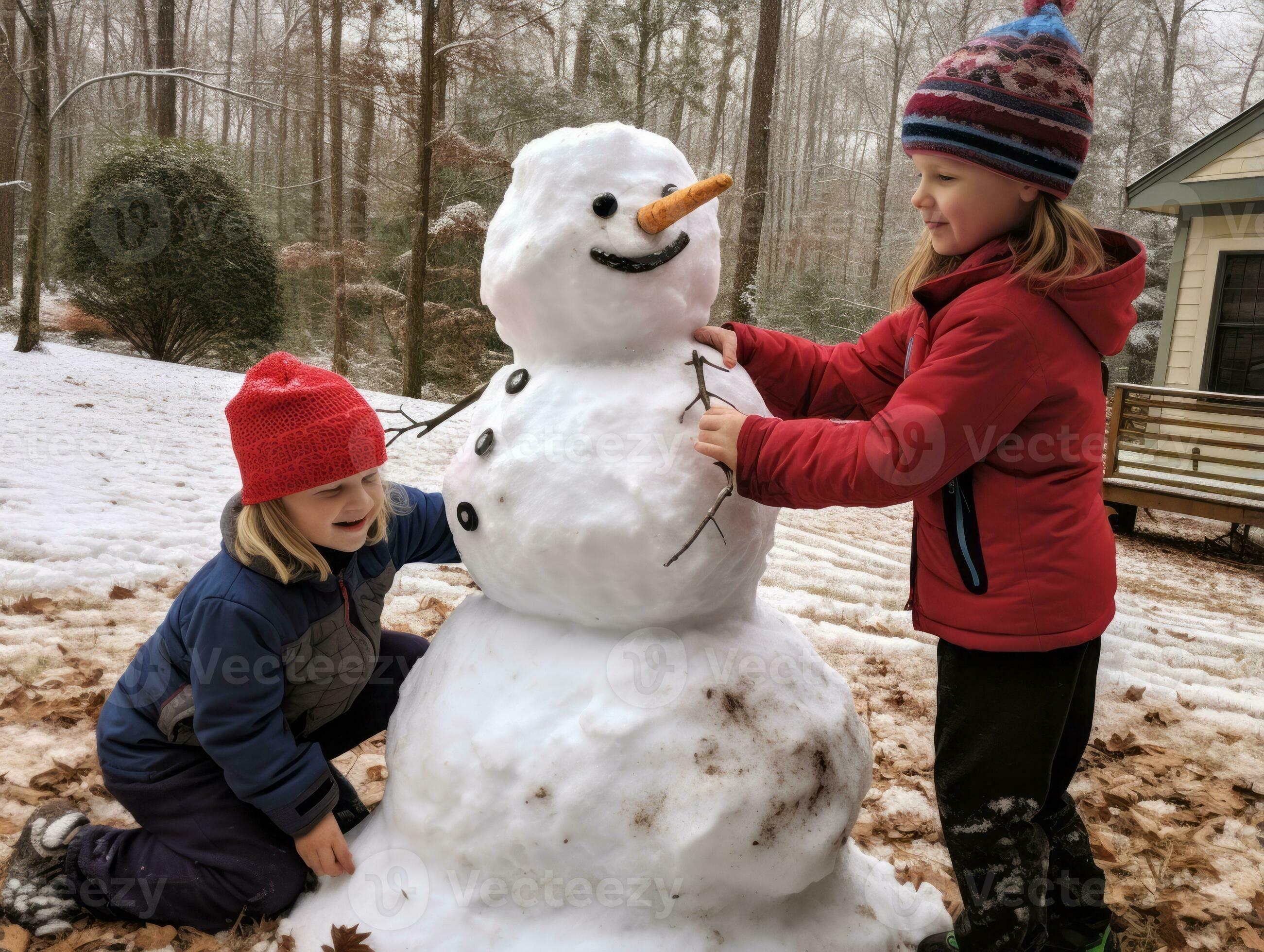 Kids building a snowman in winter day AI Generative 28950165 Stock ...