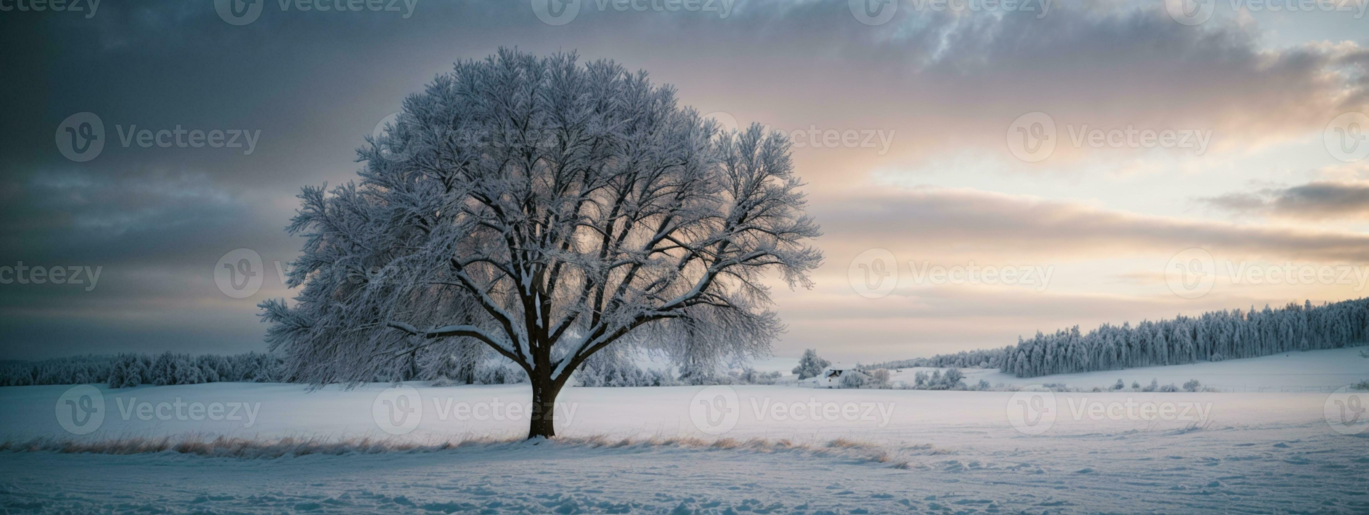 Beautiful tree in winter landscape in late evening in snowfall. AI ...