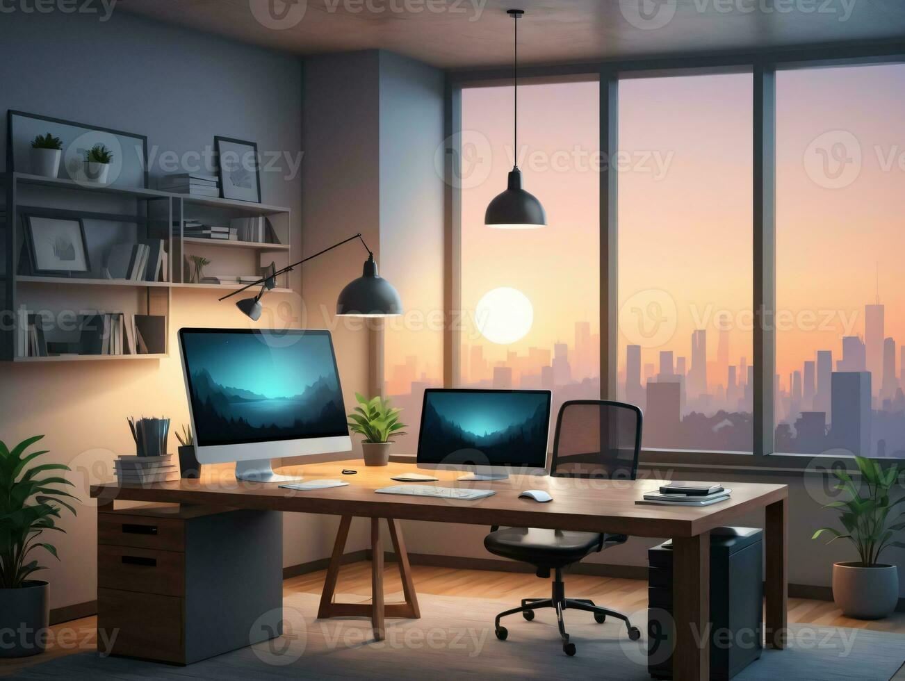 A Computer Desk With Two Monitors And A Keyboard. AI Generated 29046088 ...