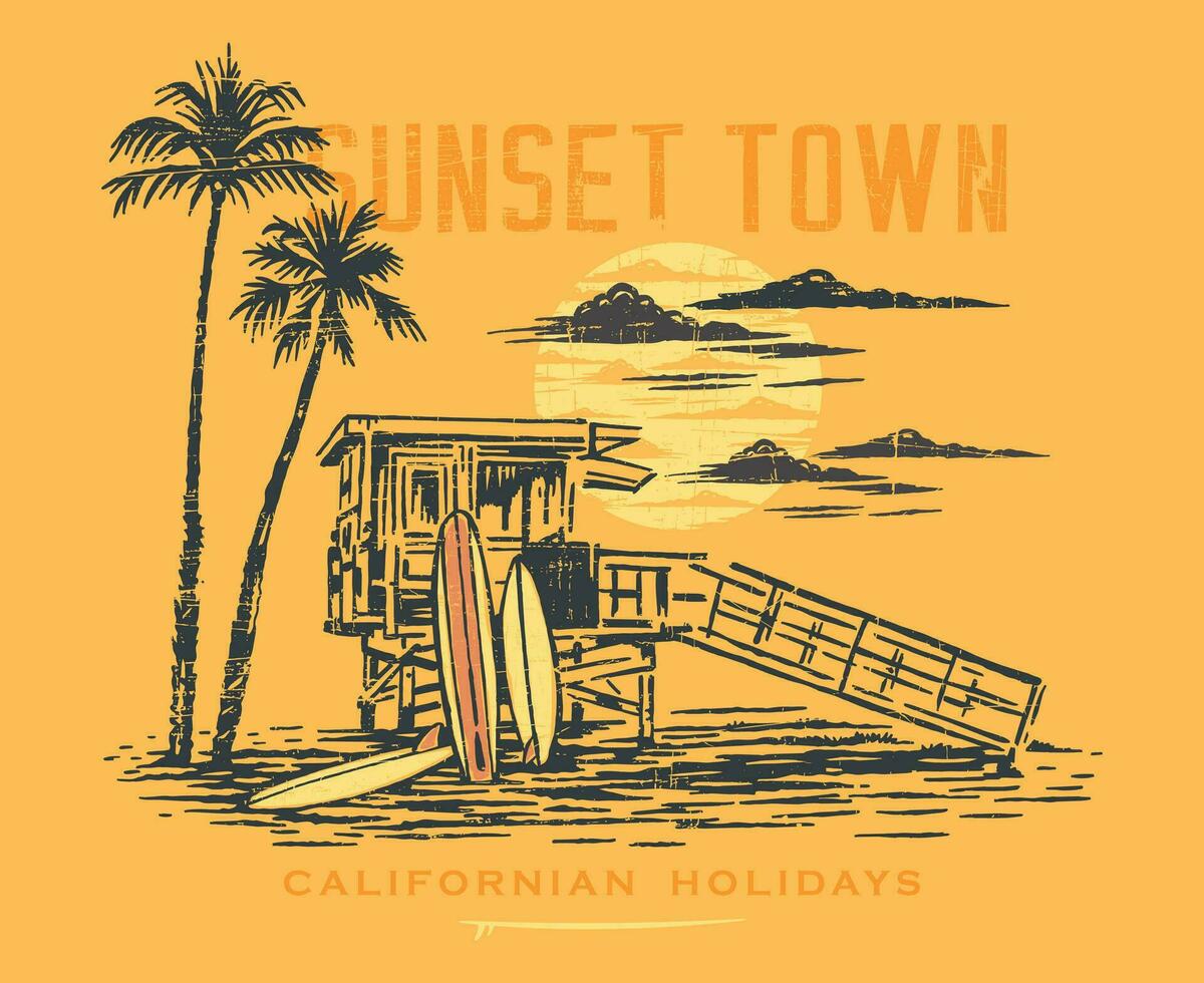 Vector illustration of coastal landscape with lifeguard station and ...