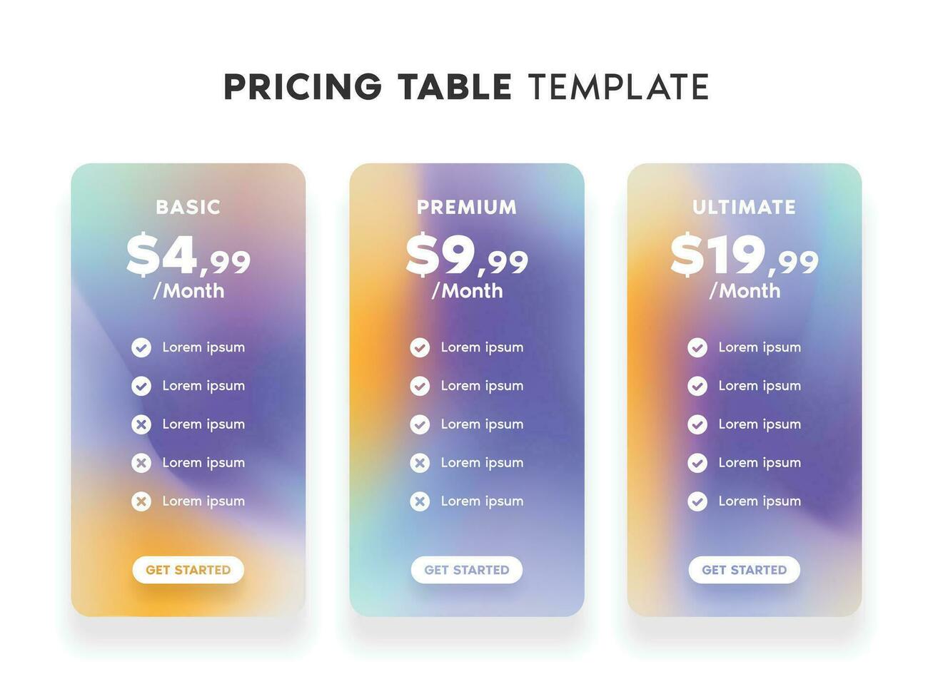Pricing Table Template with Bright Gradient Color and 3 Choices for ...