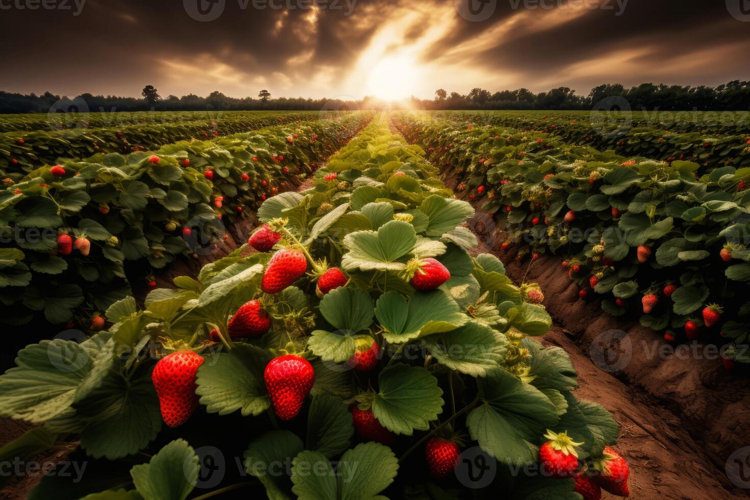 Strawberry field sunset. Generate Ai 29103814 Stock Photo at Vecteezy