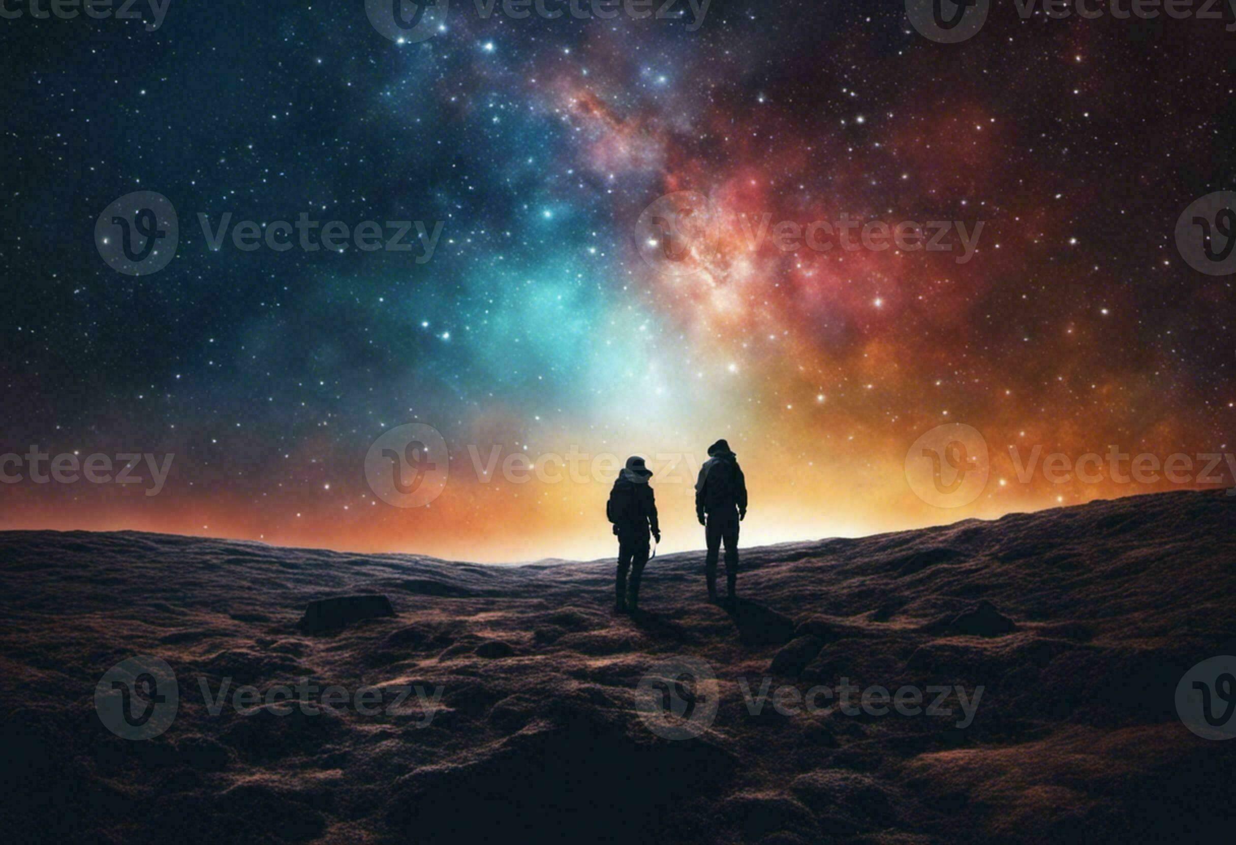 Astronaut on an icy rocky surface with the sky filled with stars and galaxies, AI-generated ...