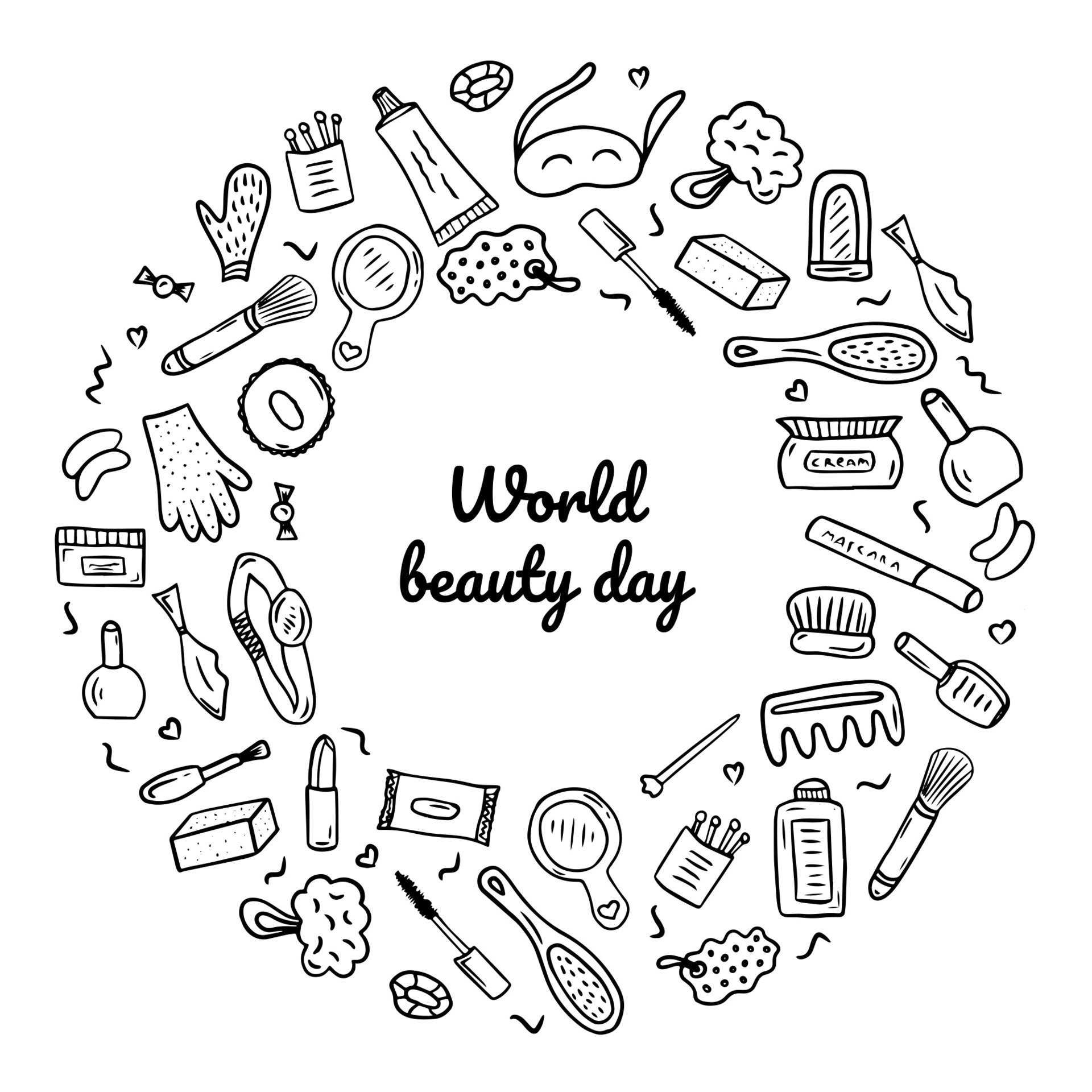 World Beauty Day Cosmetics And Make Up Doodle Icons In A Circle Hand Drawn Vector Fashion