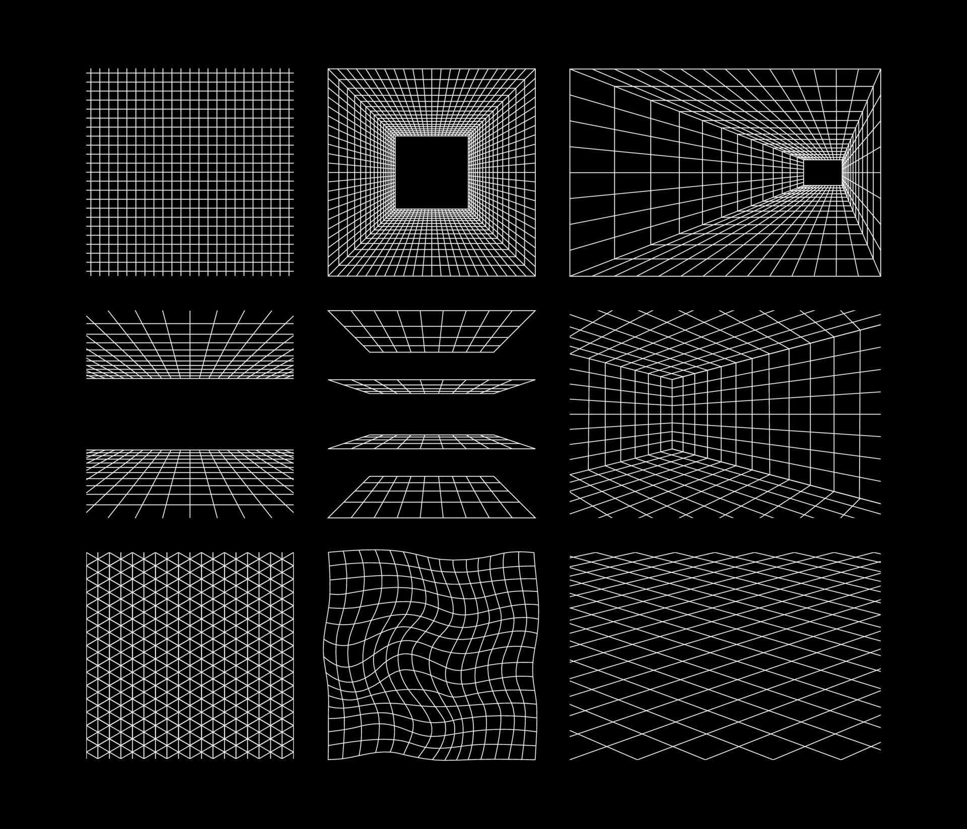 Perspective grids. Retro futuristic wireframes, cyberpunk net space. Perspective lines vanishing ...