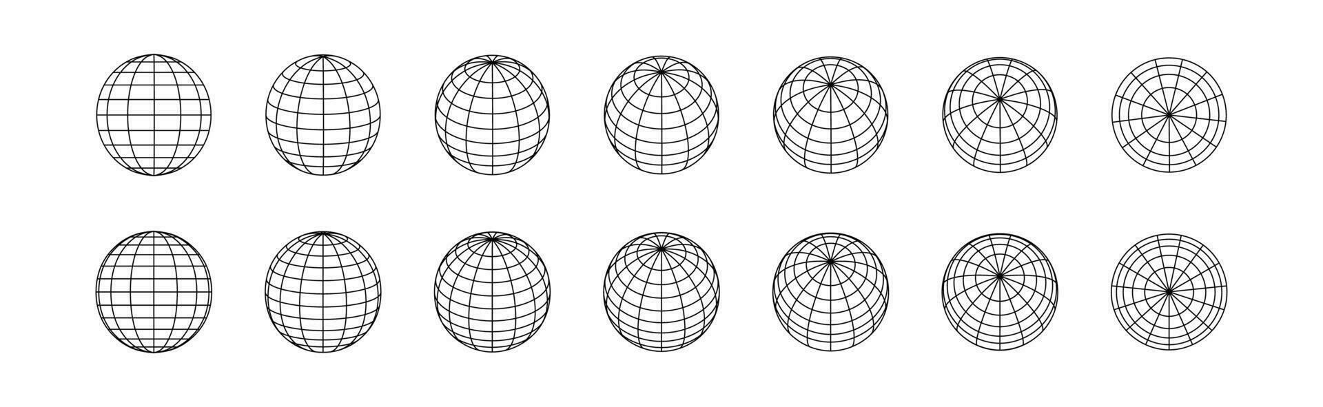 Globe grids. 3D spheres various position. Striped 3D balls, earth globe ...