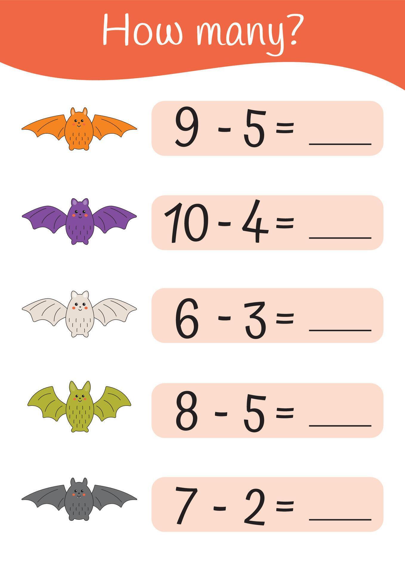 Halloween printable educational math worksheet. Subtraction, counting ...