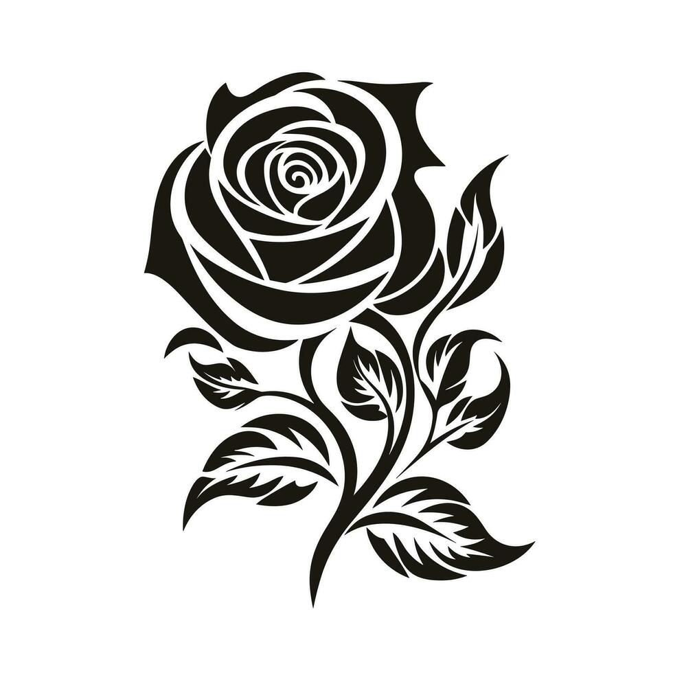 un negro y blanco silueta de un Rosa con hojas, lado vista. sencillo ... un negro y blanco silueta de un Rosa con hojas, lado vista. sencillo ...