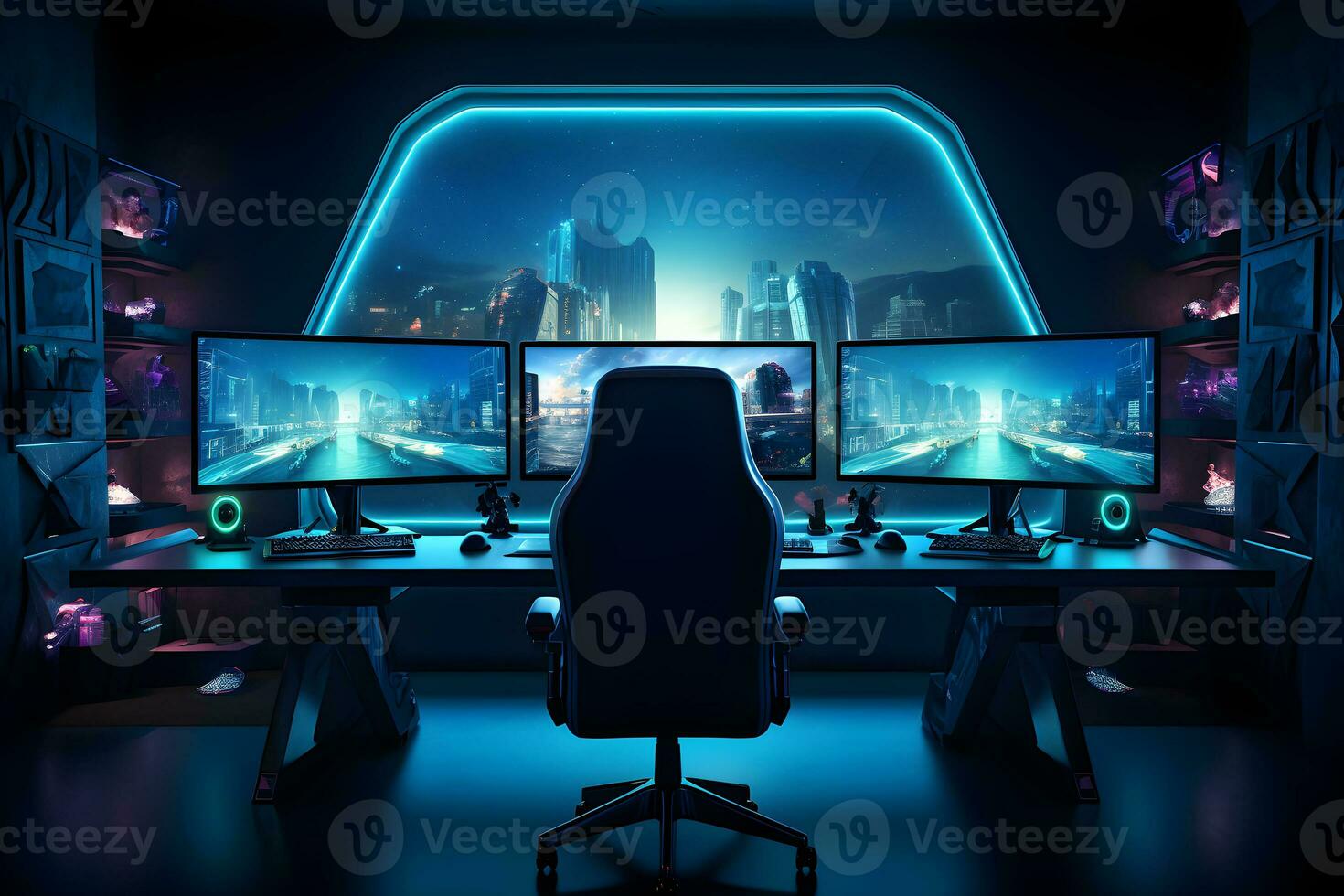 Gamer Programmer Hacker Or Trader Room With Multiple Computer Monitors On Desk Gaming Setup