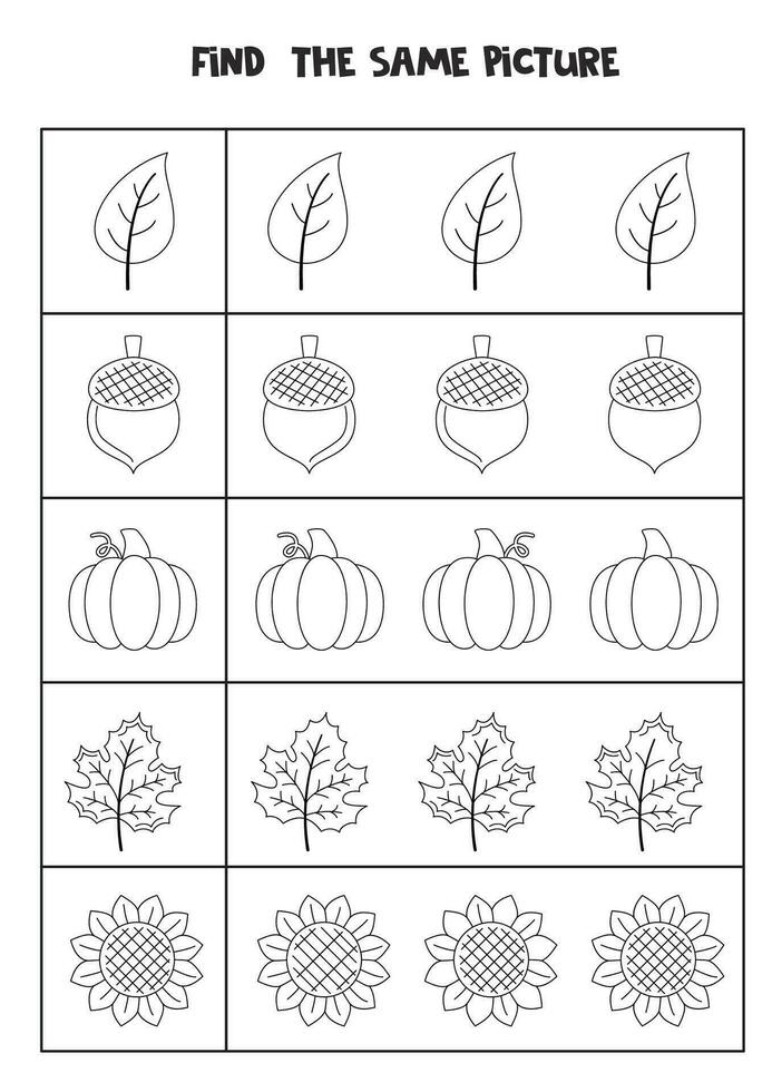 Find two the same autumn elements. Black and white worksheet. 29154081 ...