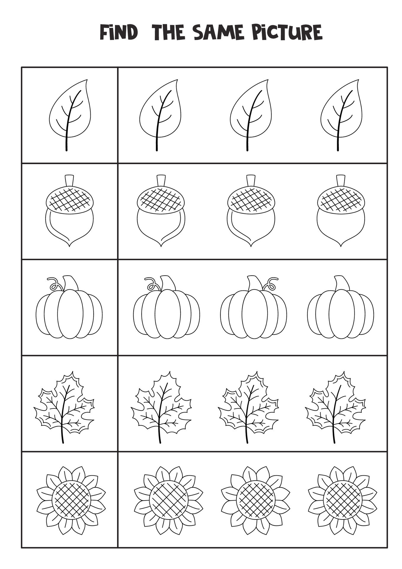 Find two the same autumn elements. Black and white worksheet. 29154081 ...