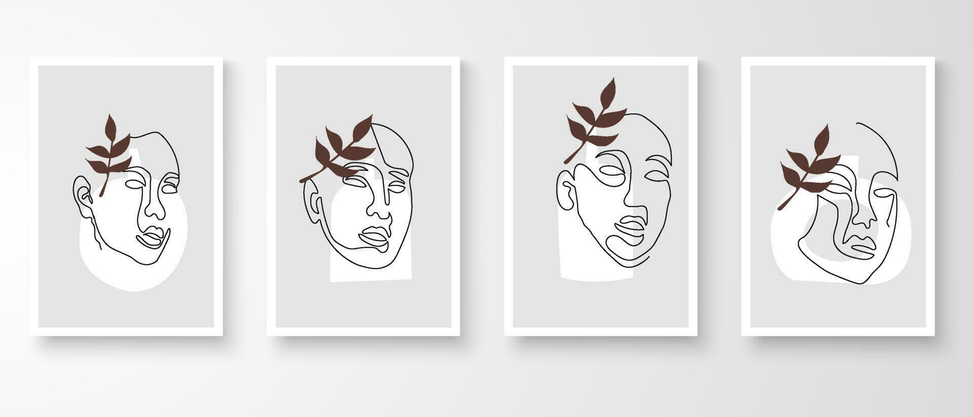 Set of minimal one line wall art in white frames. Foliage line art ...