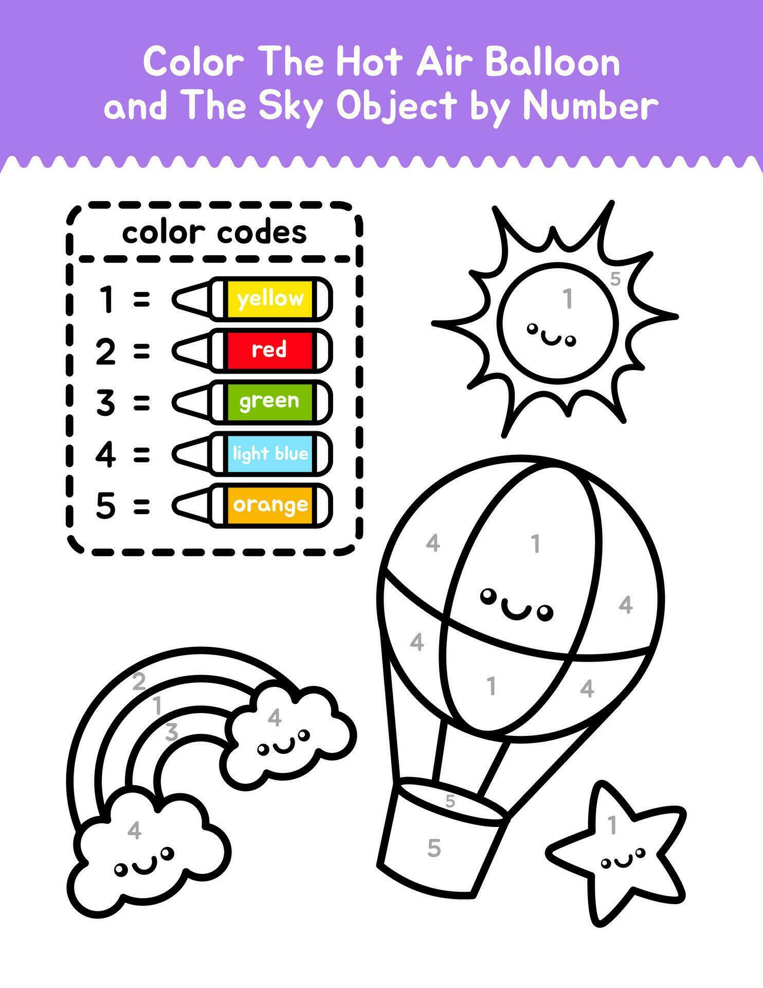 Cute Hot Air Balloon And Sky Objects Color By Number Coloring Page For ...