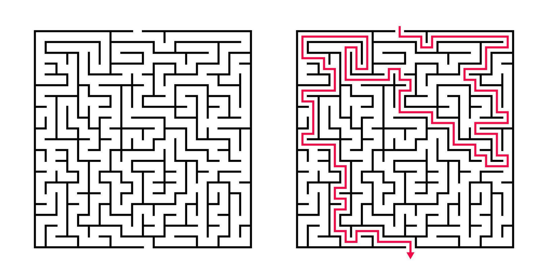 Vector Square Maze - Labyrinth with Included Solution in Black Red. Funny Educational Mind Game ...