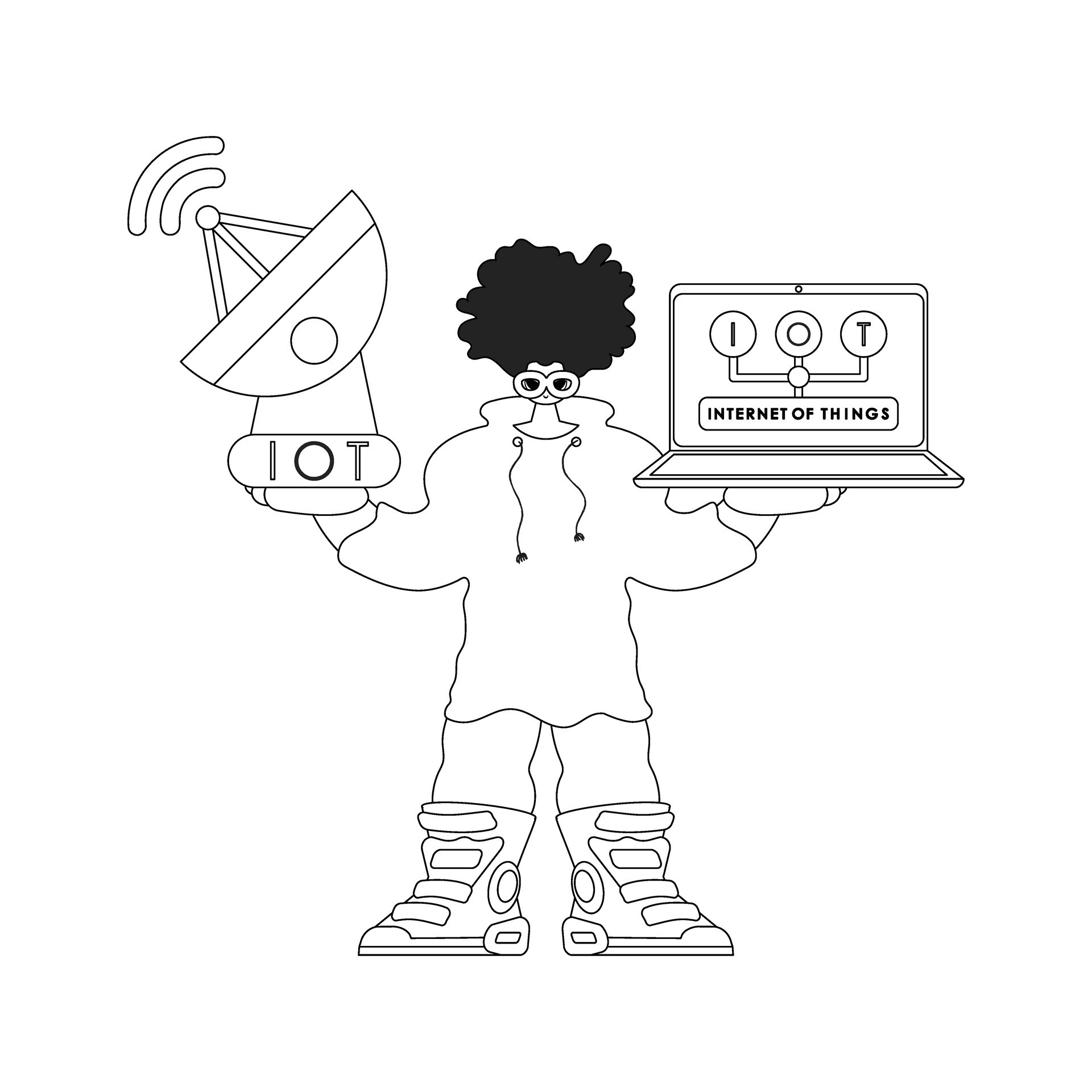 Guy holds antenna, laptop to work with IoT data in vector linear style ... Guy holds antenna, laptop to work with IoT data in vector linear style ...