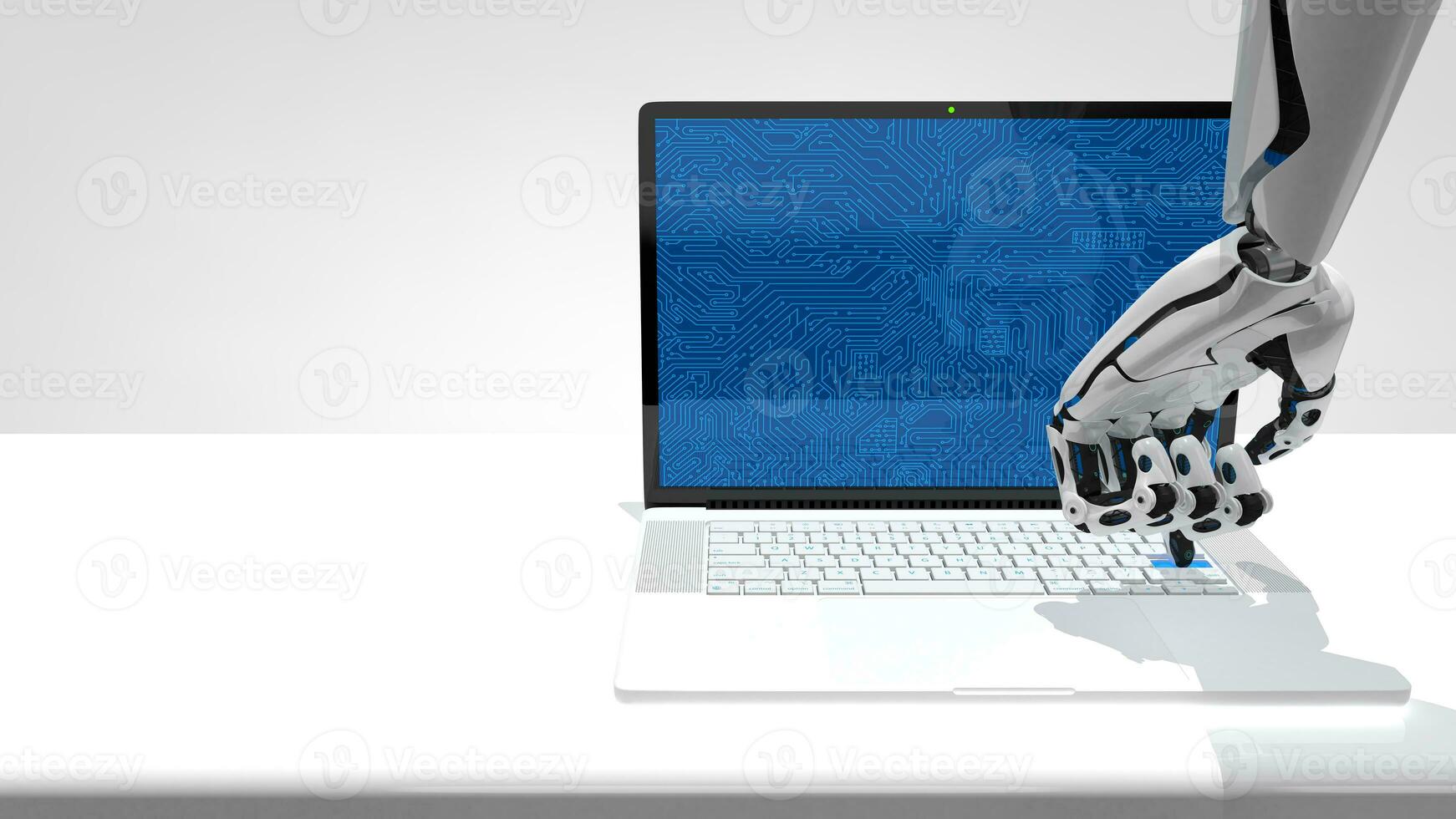 White human shaped robot hand pressing a blue key of an white laptop ... White human shaped robot hand pressing a blue key of an white laptop ...