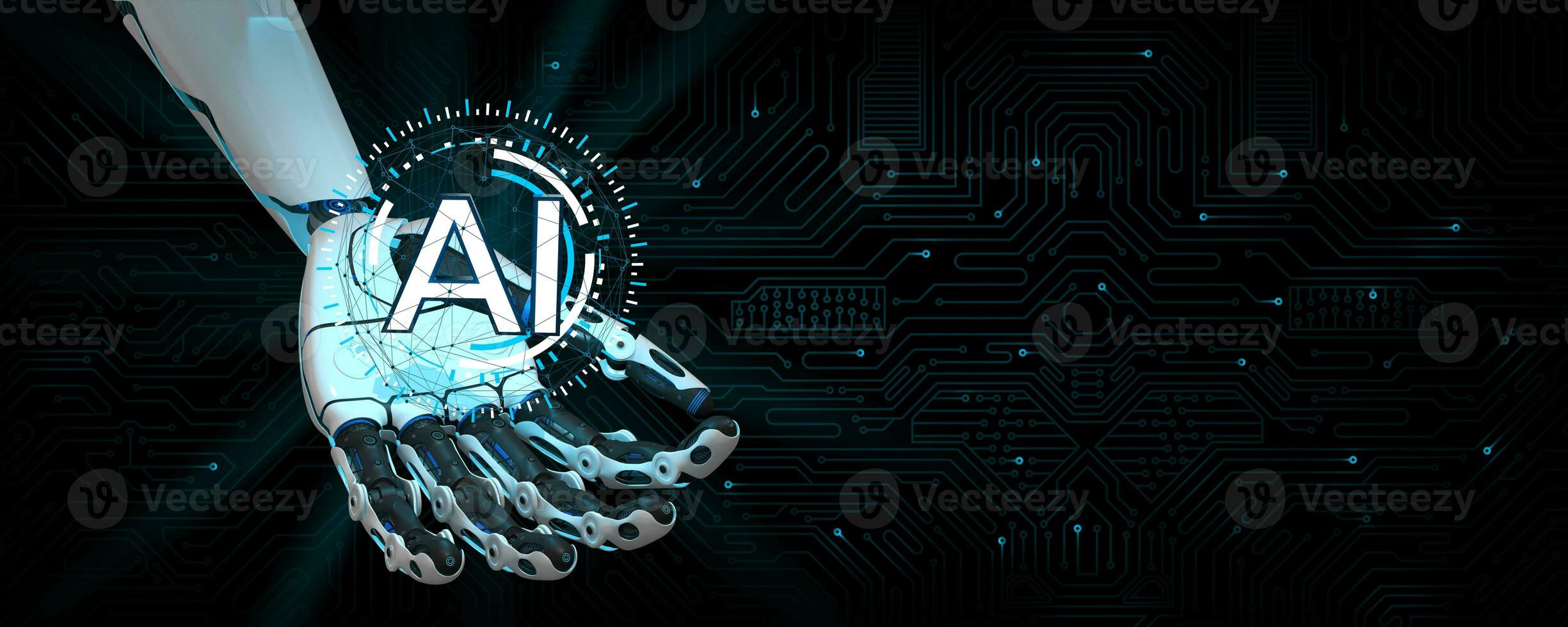 White human shaped robot hand holding the letters AI. 3D Illustration ... White human shaped robot hand holding the letters AI. 3D Illustration ...