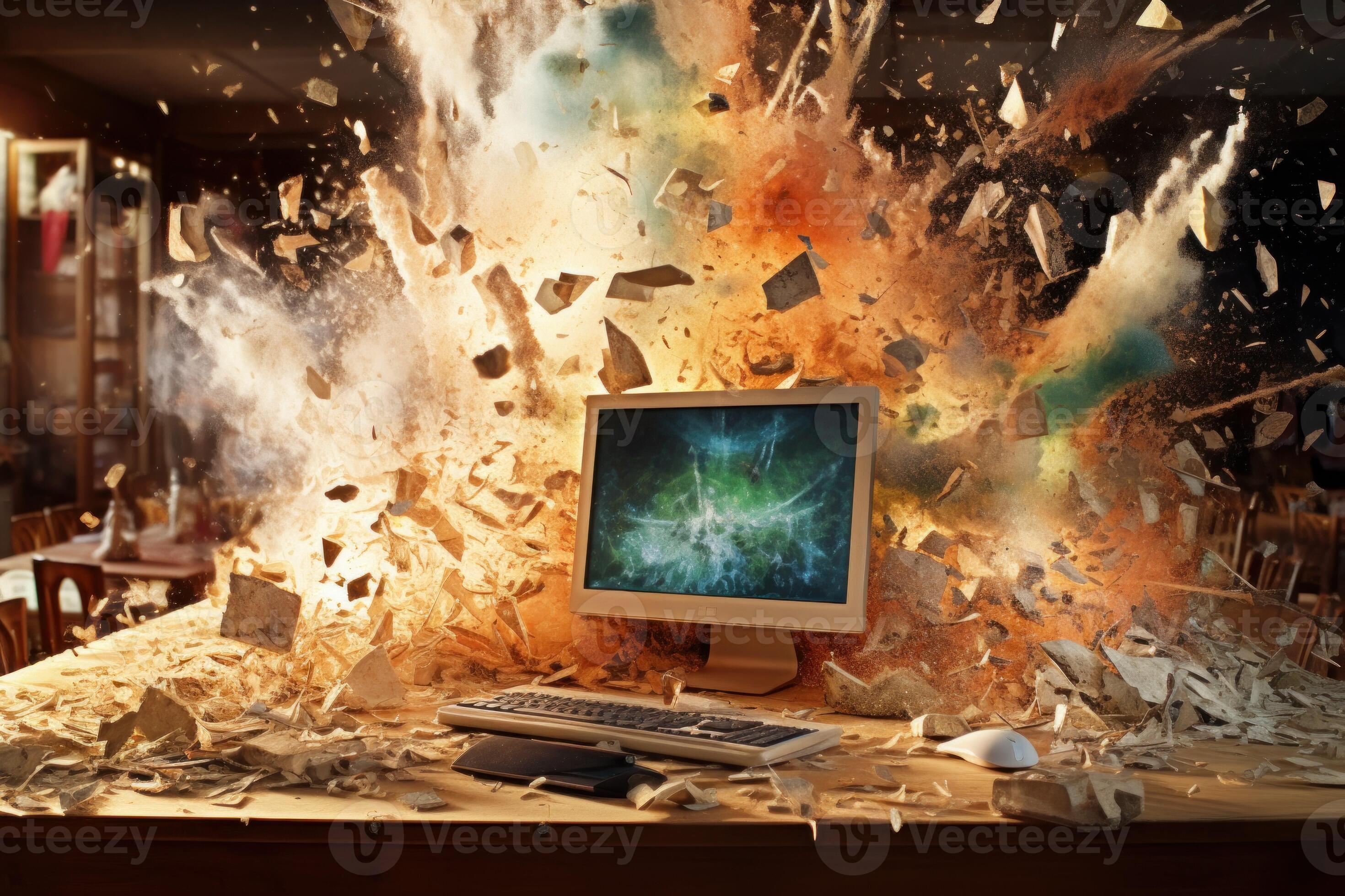 Unexpected Computer desktop exploding. Generate Ai 29175522 Stock Photo ... Unexpected Computer desktop exploding. Generate Ai 29175522 Stock Photo ...