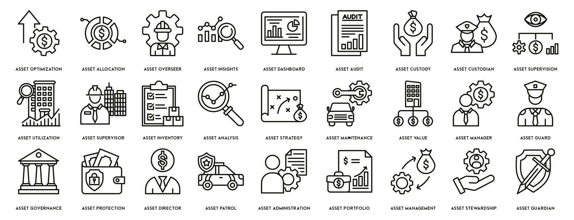 Asset management icon set. Contains such icons as audit, investment, business, stability and ...