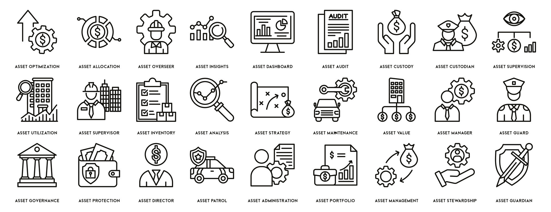 Asset management icon set. Contains such icons as audit, investment ... Asset management icon set. Contains such icons as audit, investment ...