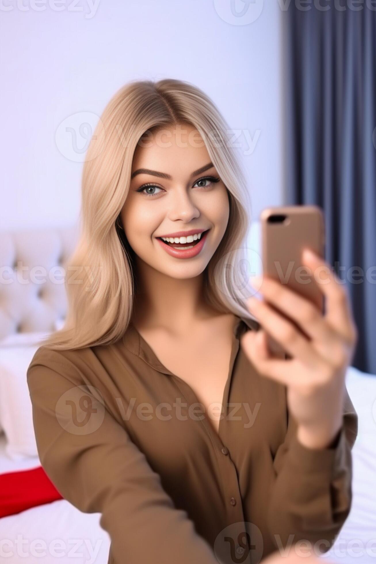 Effortless Beauty Attractive Young Women Puckering While Taking Selfie