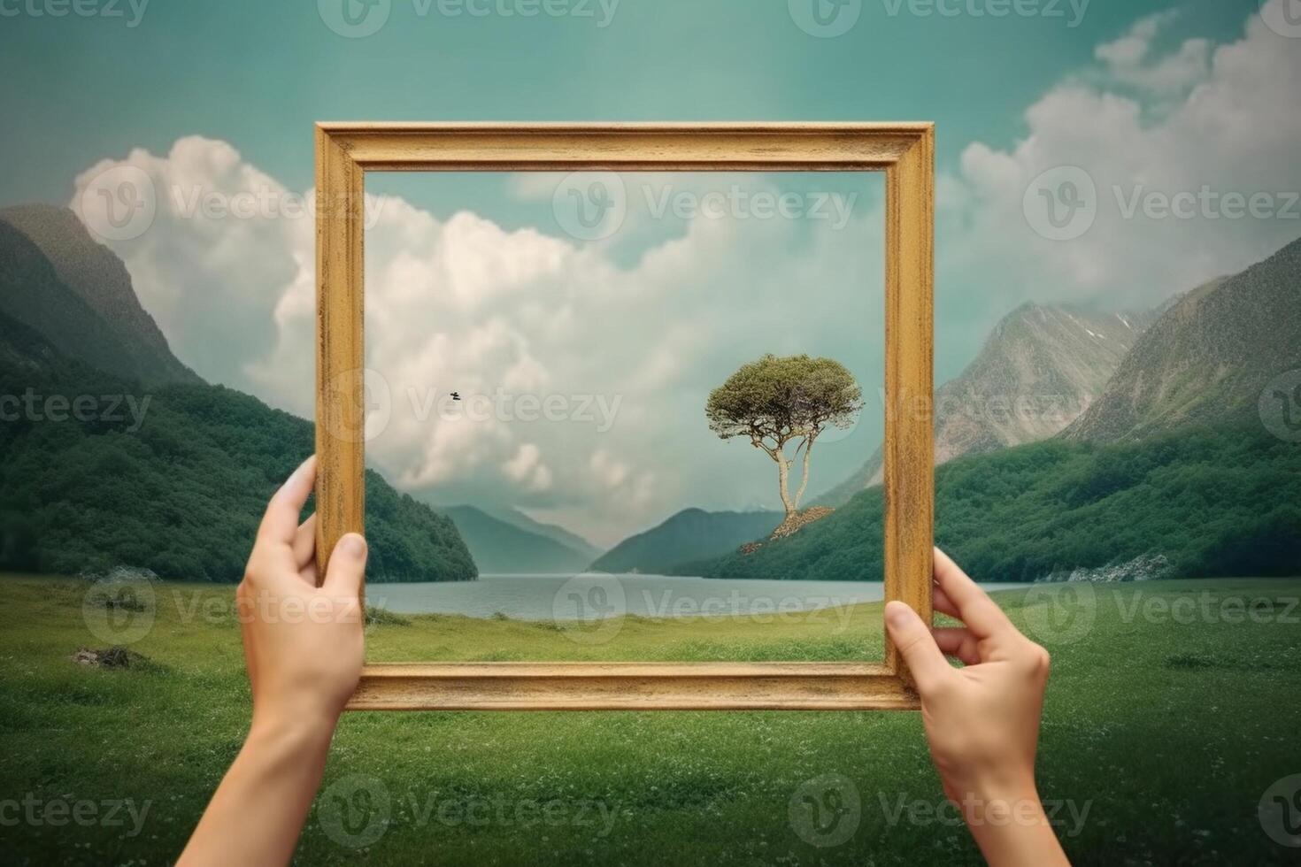 Handsome mixed race man looking through a picture frame and pointing ...