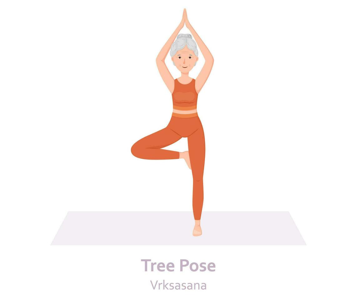Tree Yoga Pose Vrksasana Elderly Woman Practicing Yoga Asana Healthy Lifestyle Flat Cartoon