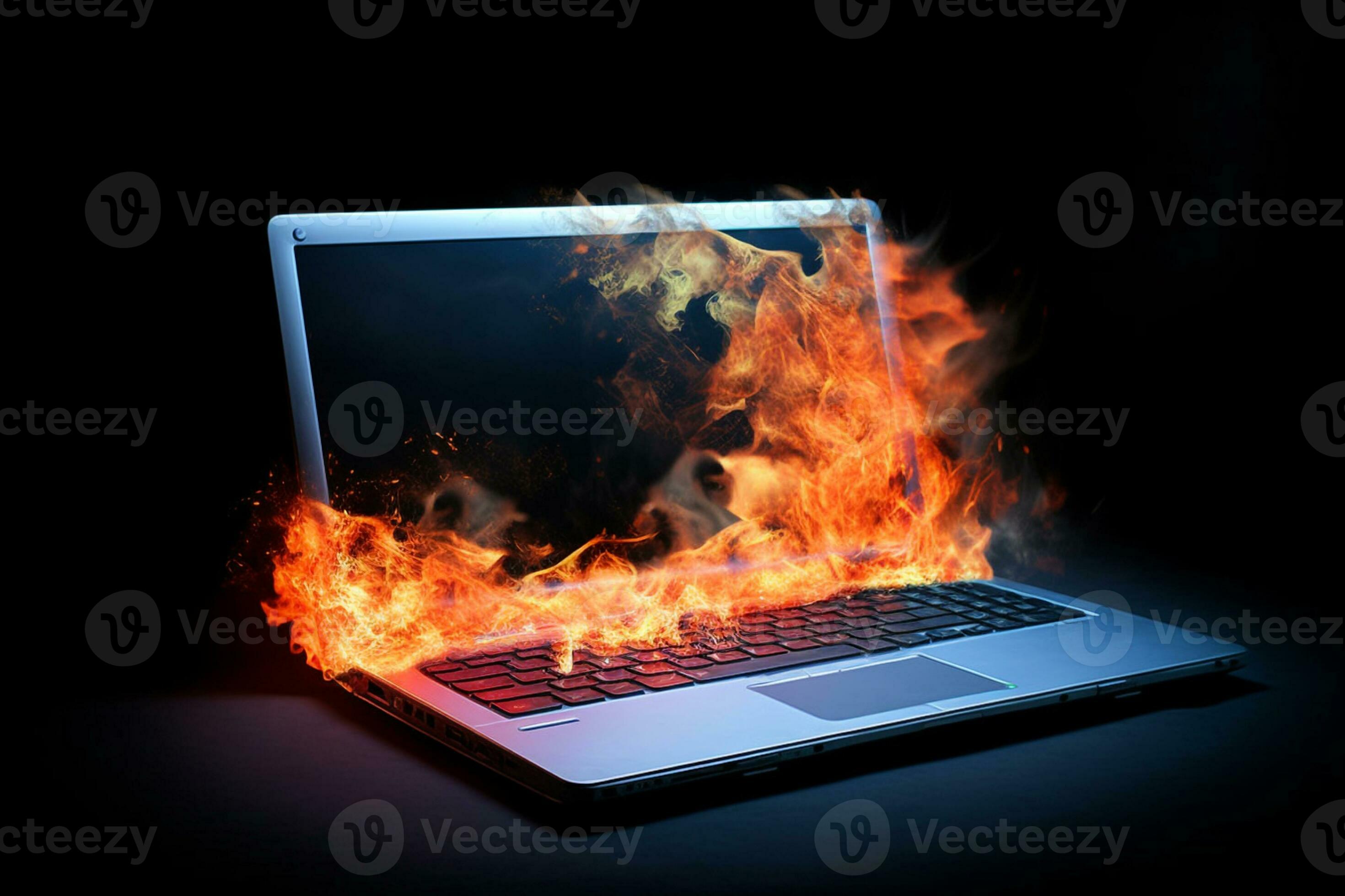 Generative Ai. Burning computer notebook technology failure and data ...