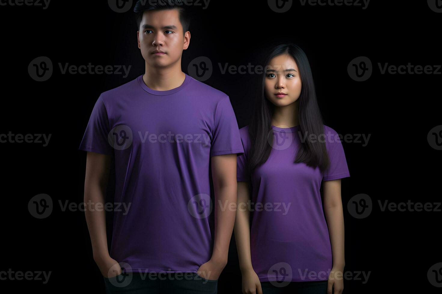 Generative Ai Blank Purple T Shirt Mockup On Male And Female Model Showcase Your Designs In